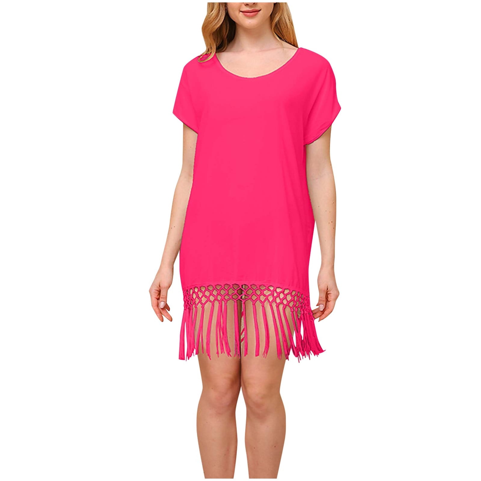 Womens Tassel Swimsuit Cover Up Solid Color Short Sleeve Crew Neck