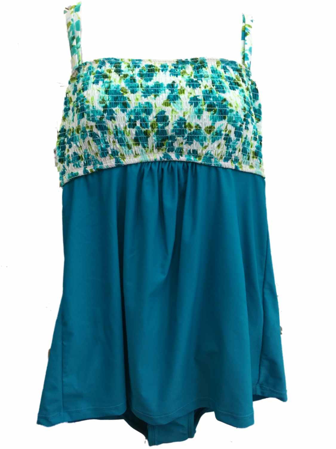 Womens Teal Floral Bathing Suit Single Piece Scrunch Top Swimming Dress ...