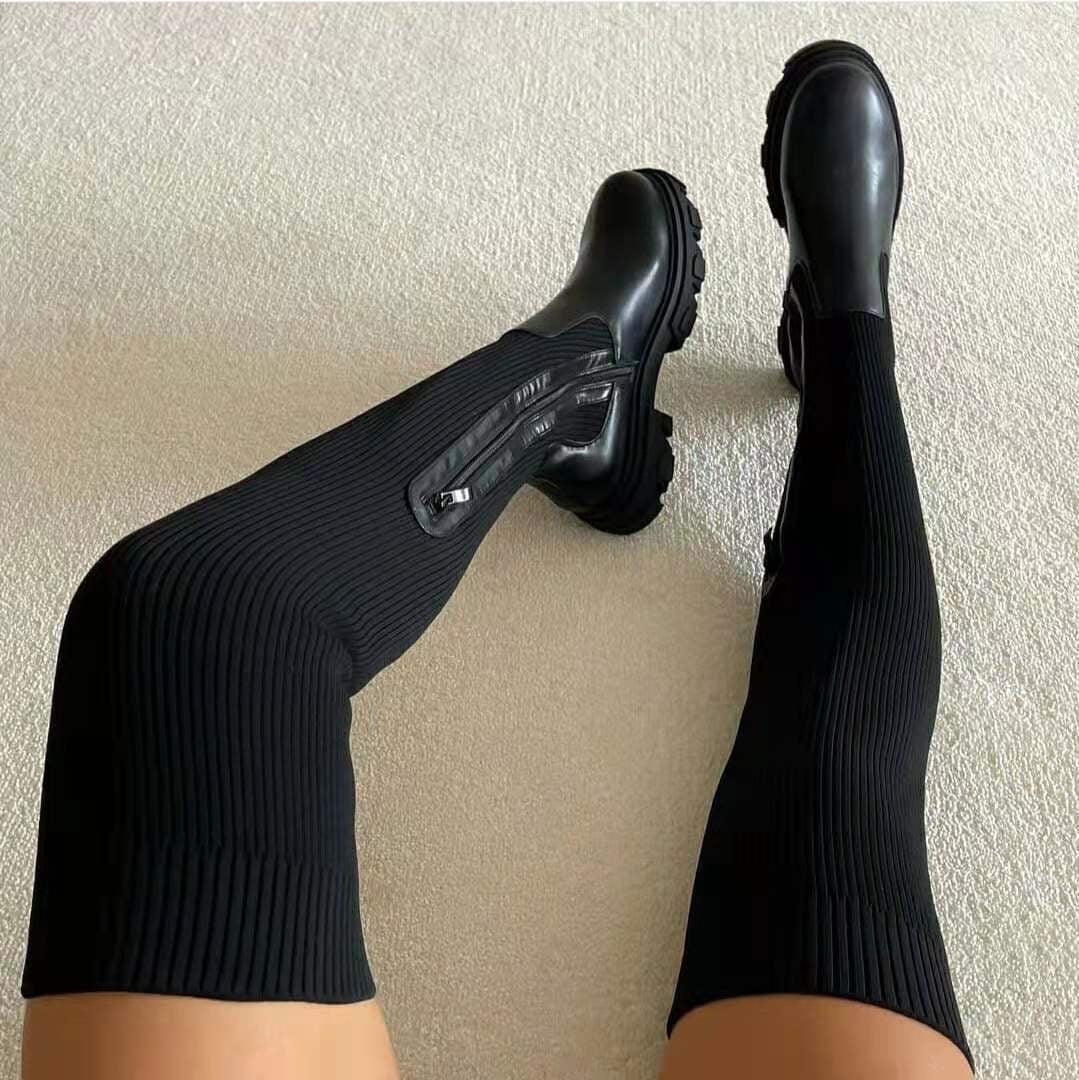 Womens Thigh High Boots Round Toe Chunky Heel Flat Side Zipper Stretch ...