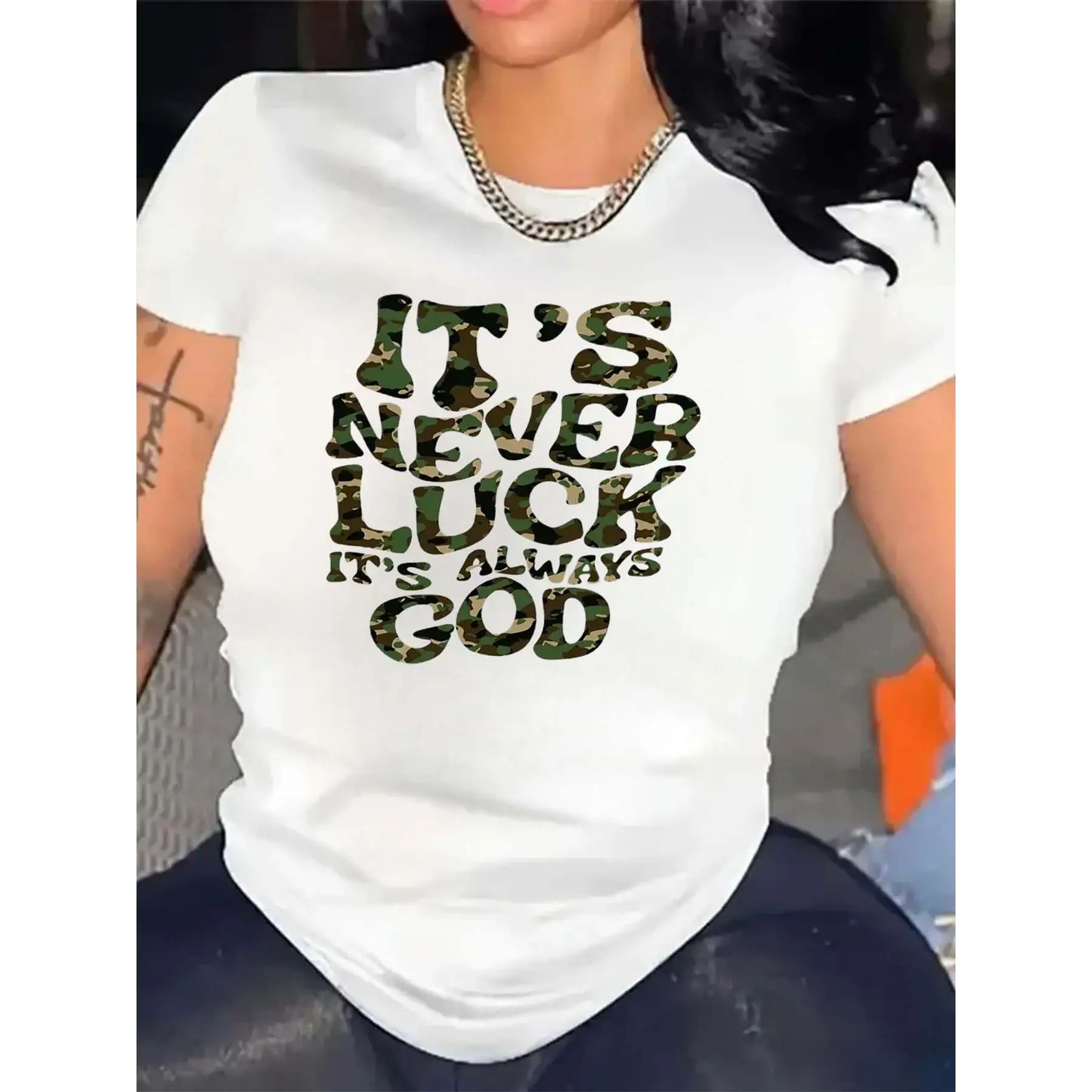 Womens This Is Not Luck Always God Pattern Tops Pure Casual Print T ...