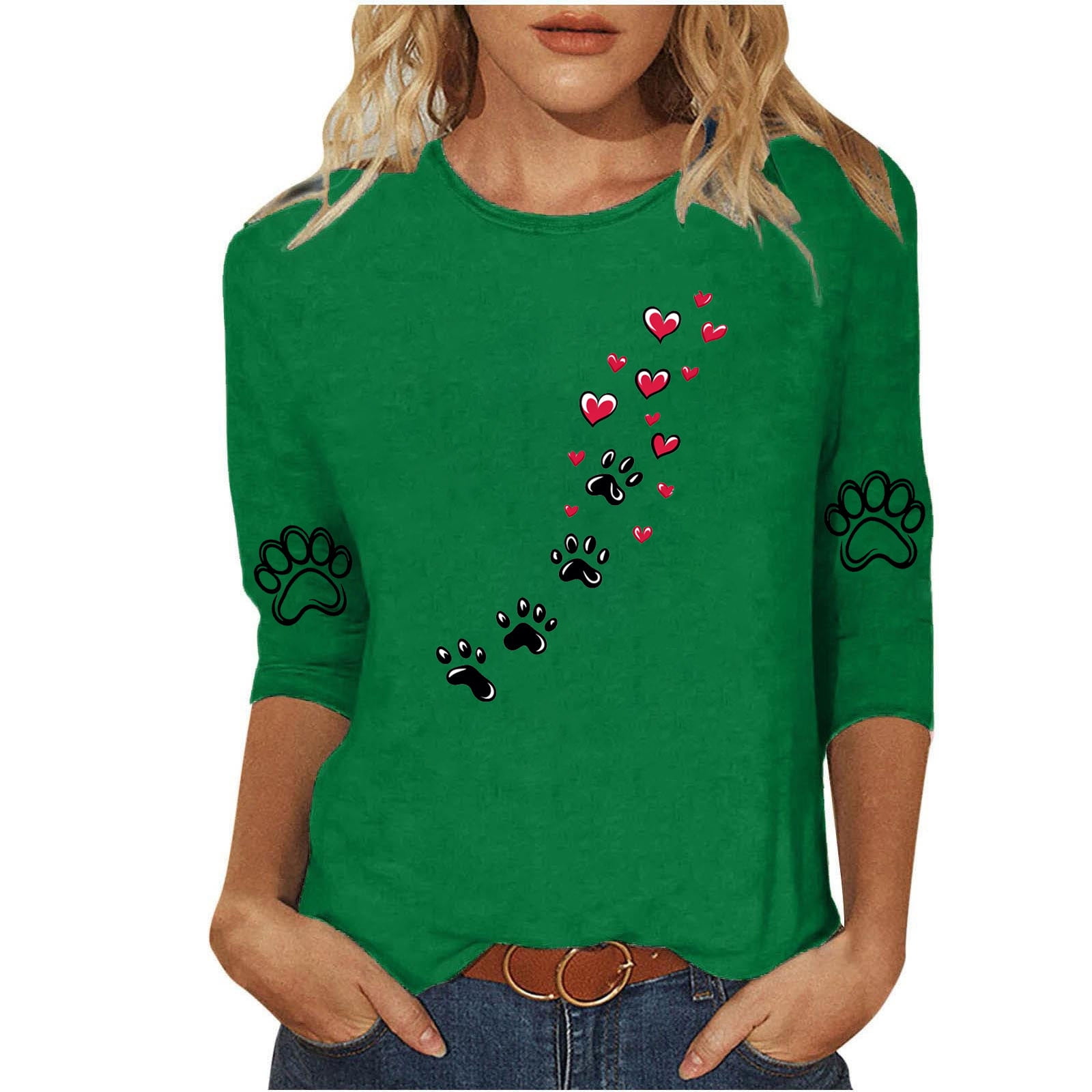 Womens Tops 3/4 Length Sleeve Blouses Dressy Casual Trendy Love Dog Paw ...