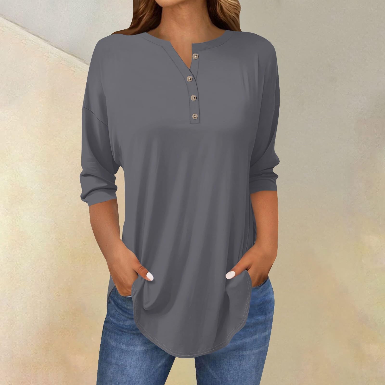 Womens Tops 3/4 Length Sleeve Womens Tops 2025 Spring Neck Casual Print ...