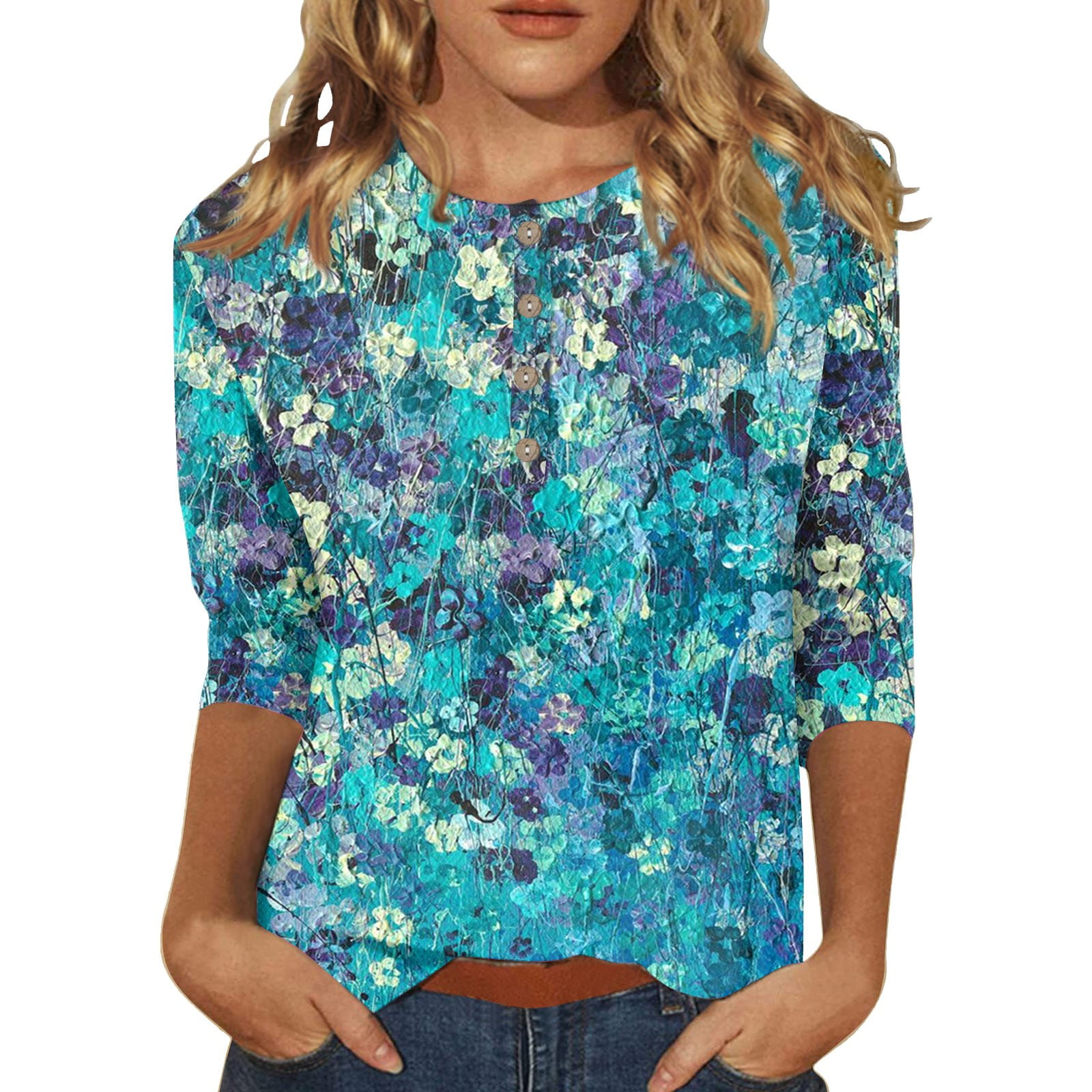 Womens Tops 3/4 Sleeve Casual Summer Floral Print Tunic Womens Tops ...