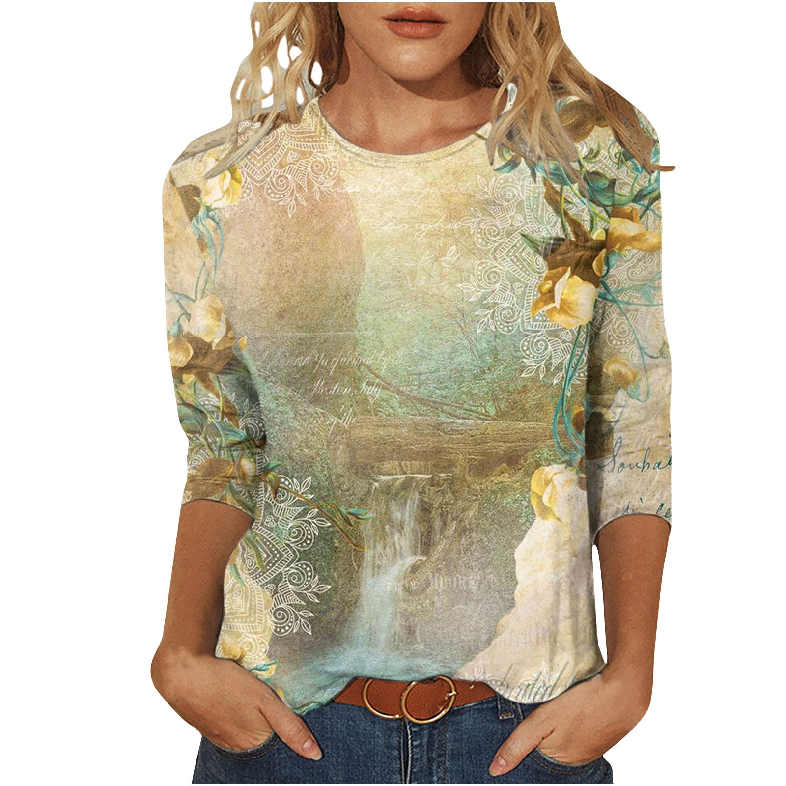 Womens Tops 3/4 Sleeve Floral Print Trendy Top Crew Neck Casual Loose ...