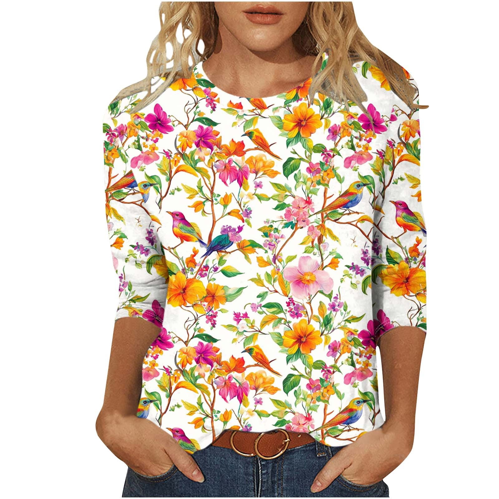 Womens Tops 3/4 Sleeve Summer Butterfly Print Tshirt Three Quarter ...