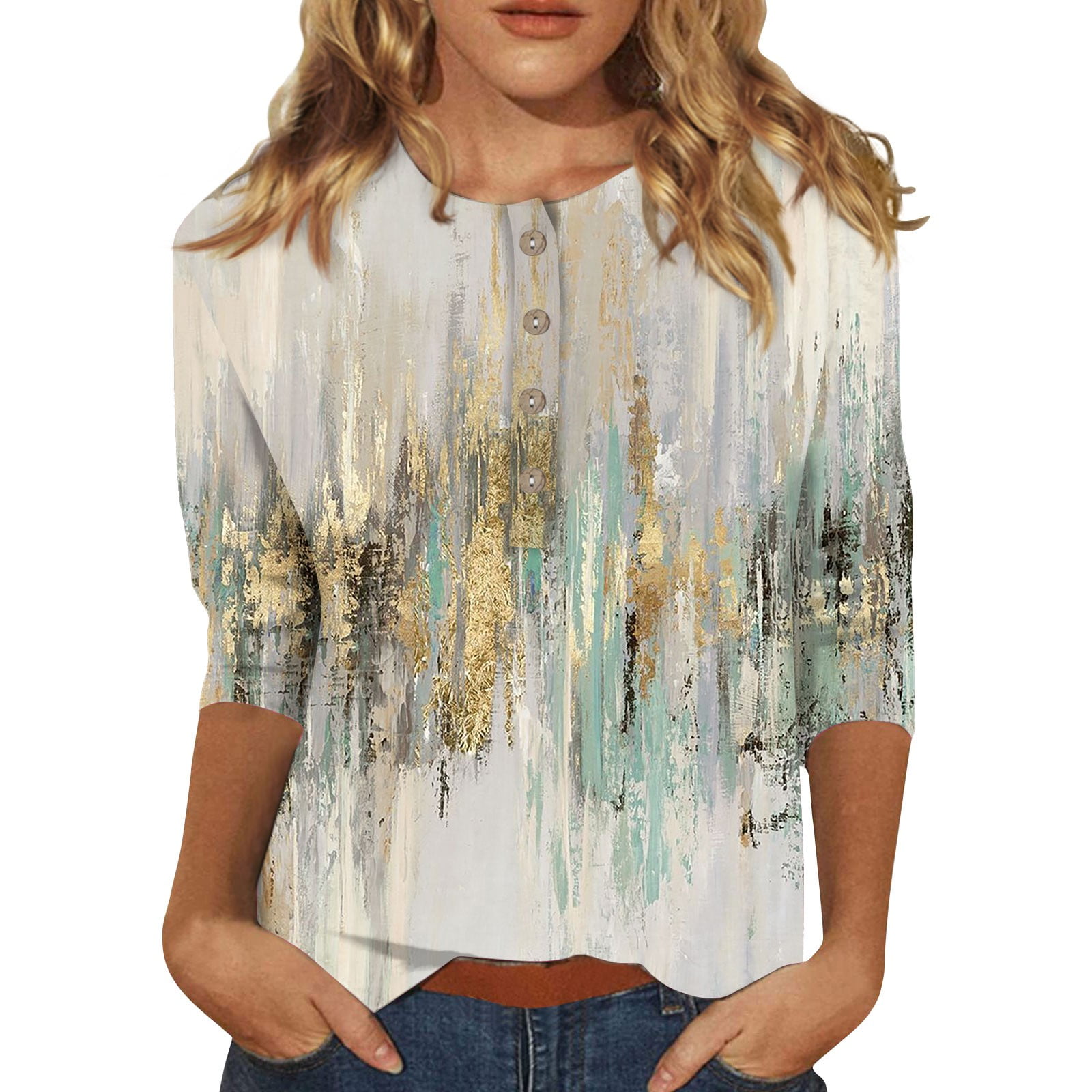 Womens Tops 34 Sleeve V Neck Summer Ethnic Floral Slim Going Out Tops