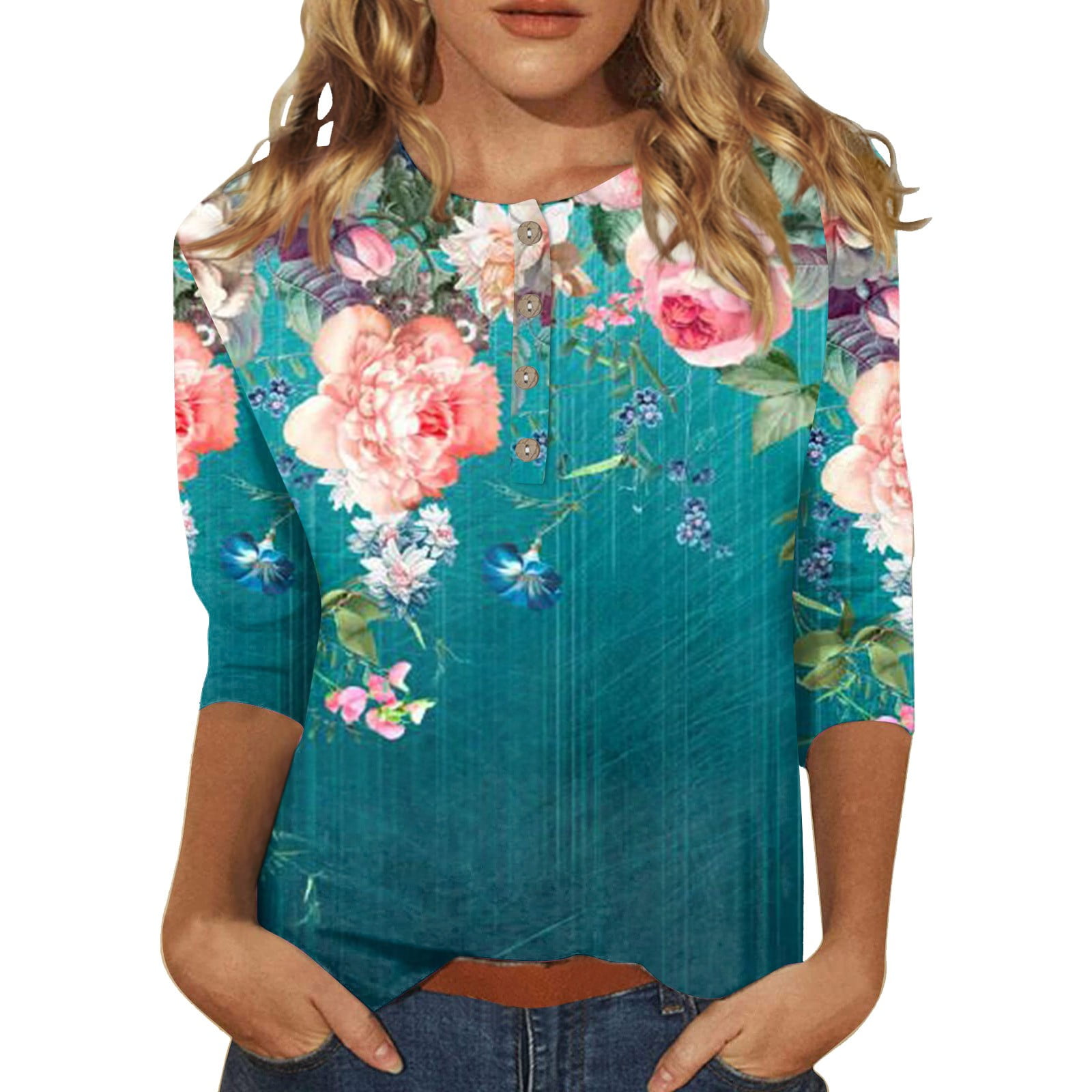 Womens Tops 3/4 Sleeve V Neck Summer Ethnic Floral Slim Going Out Tops ...