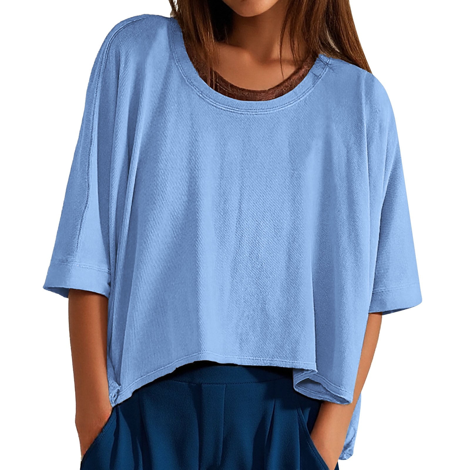 Womens Tops Blouses Oversized Short Crop Summer Short Sleeve Loose Fit ...