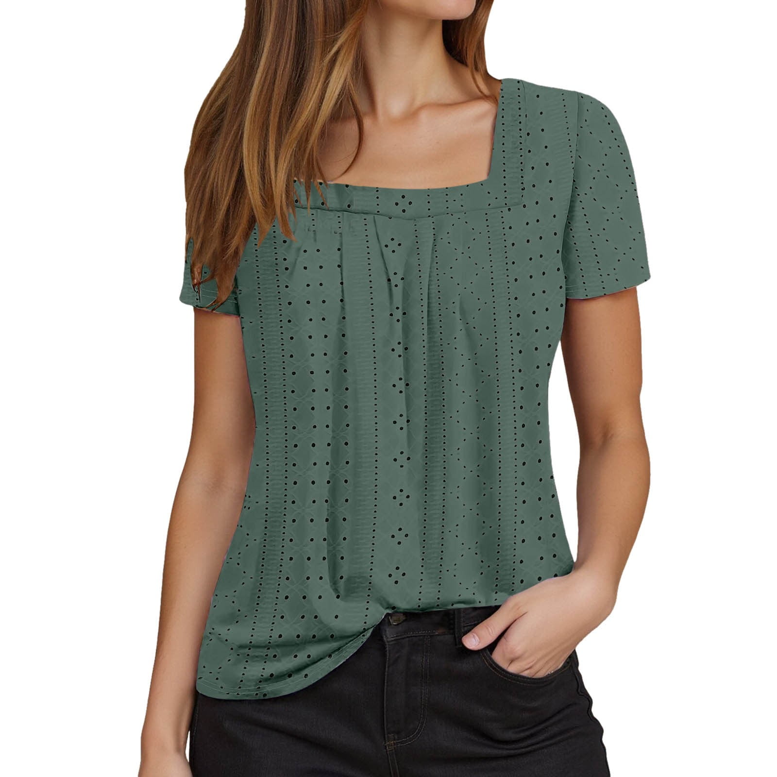 Womens Tops Blouses Short Sleeve Square Neck Basic Daily Wear With Jeans Skirts Womens Shirts ...