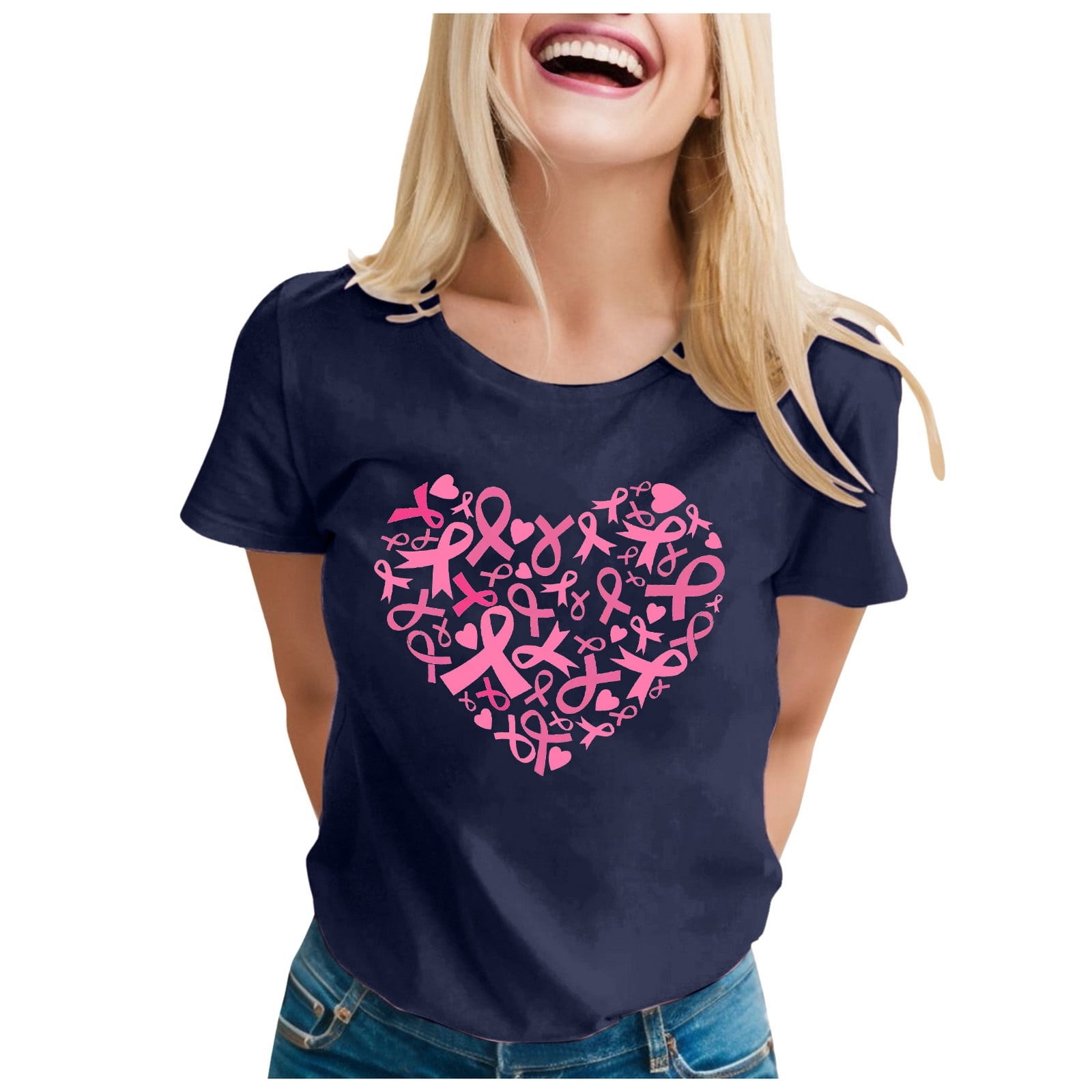 Womens Tops Breast Cancer Heart Ribbon T Cancer Awareness Ladies ...