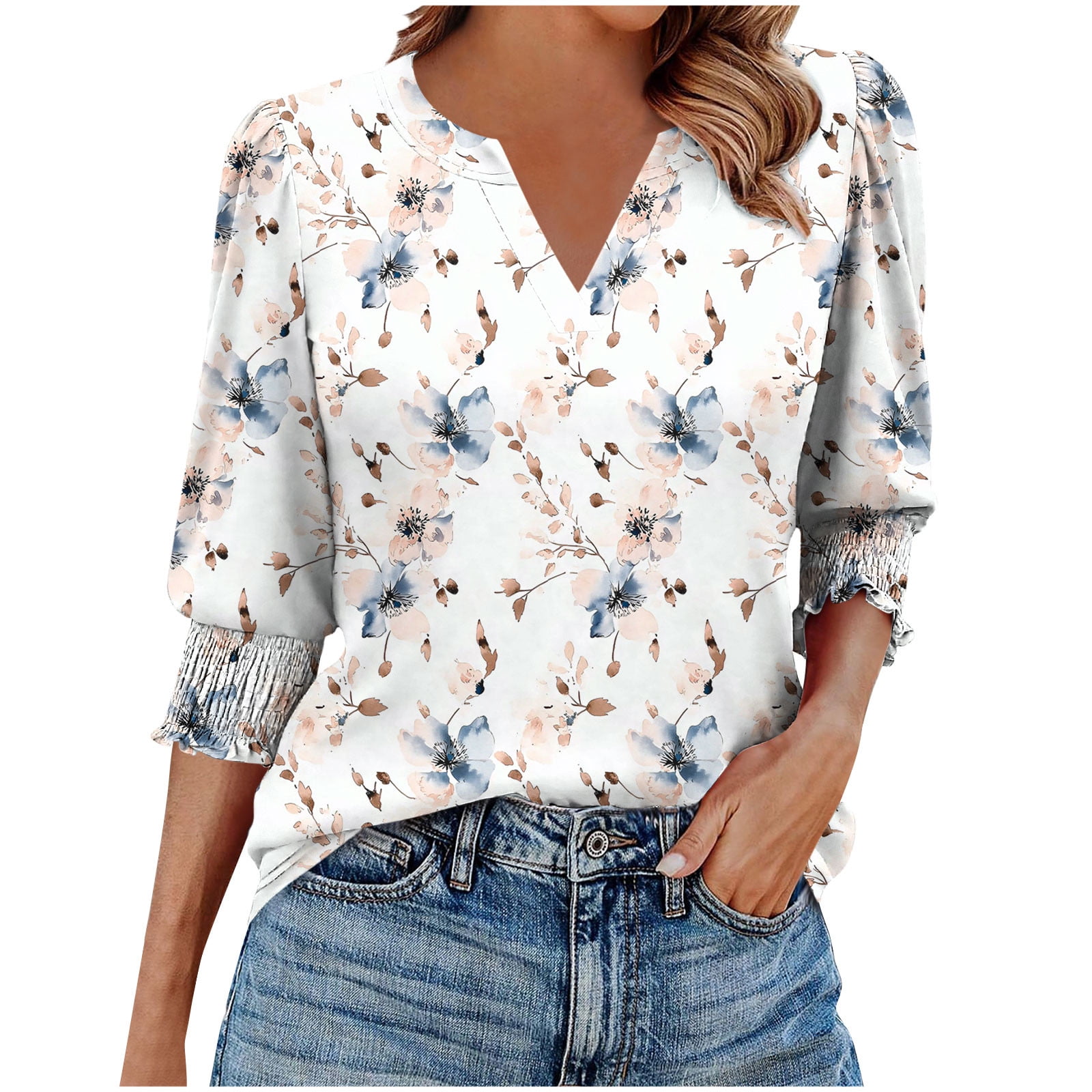 Womens Tops Casual 3/4 Length Sleeve V-Neck Floral Printed Smocked ...