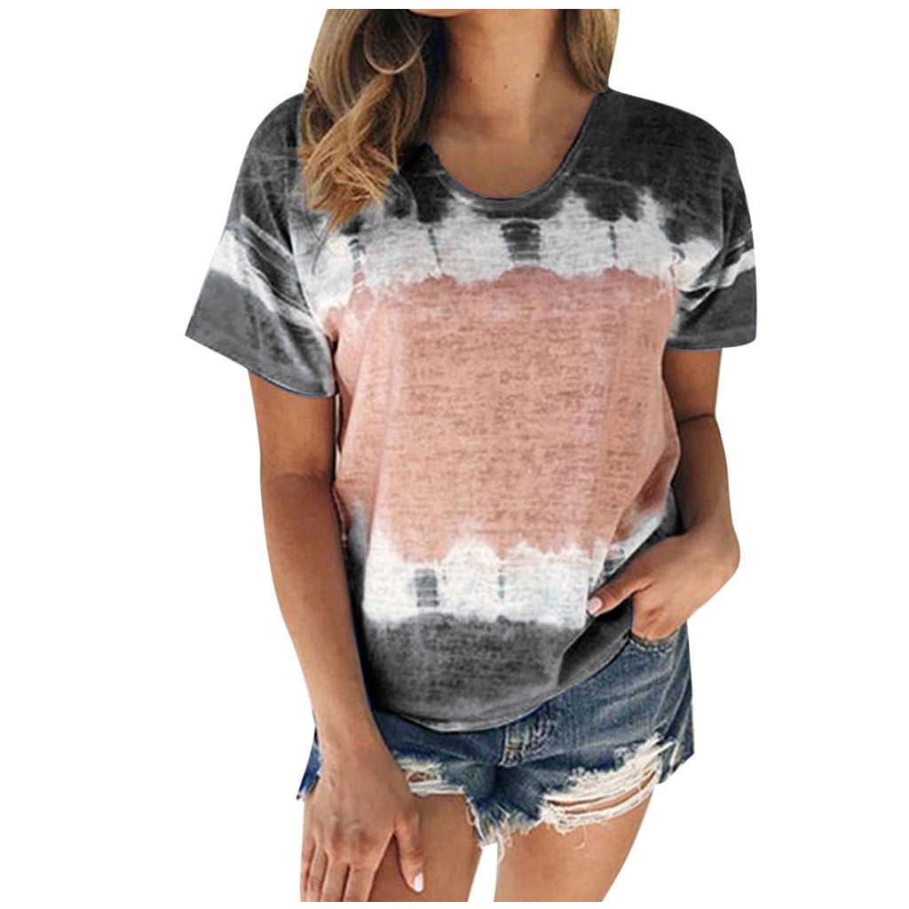 Womens Tops Clearance Plus Size Color Block Tie-Dye Patchwork T-Shirts ...