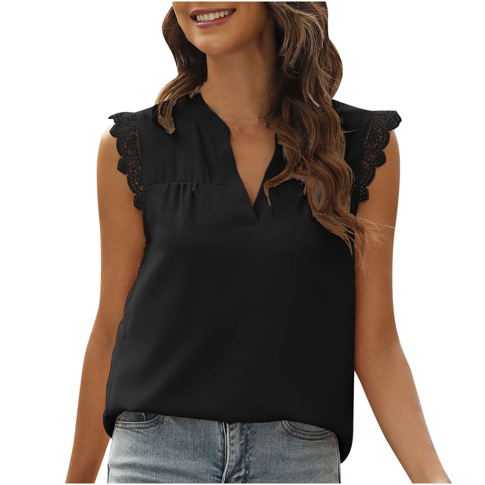 Womens Tops Clearance Under $5 Women'S Fashion V-Neck Sleeveless Lace ...