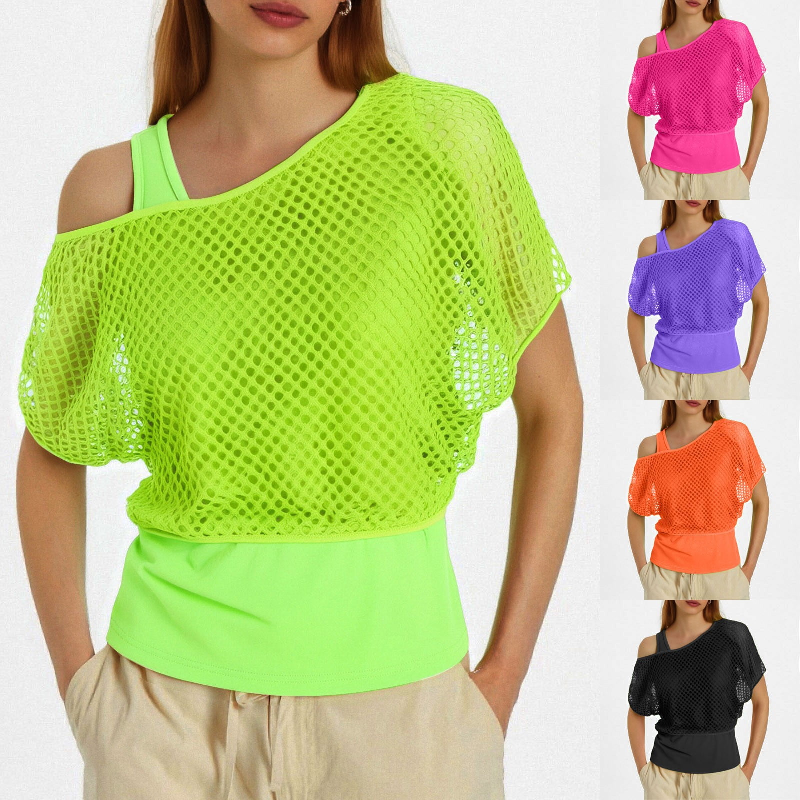 Womens Tops Crew Neck Loose Fit Shirts 80s T Shirts Neon Fishnet Mesh ...
