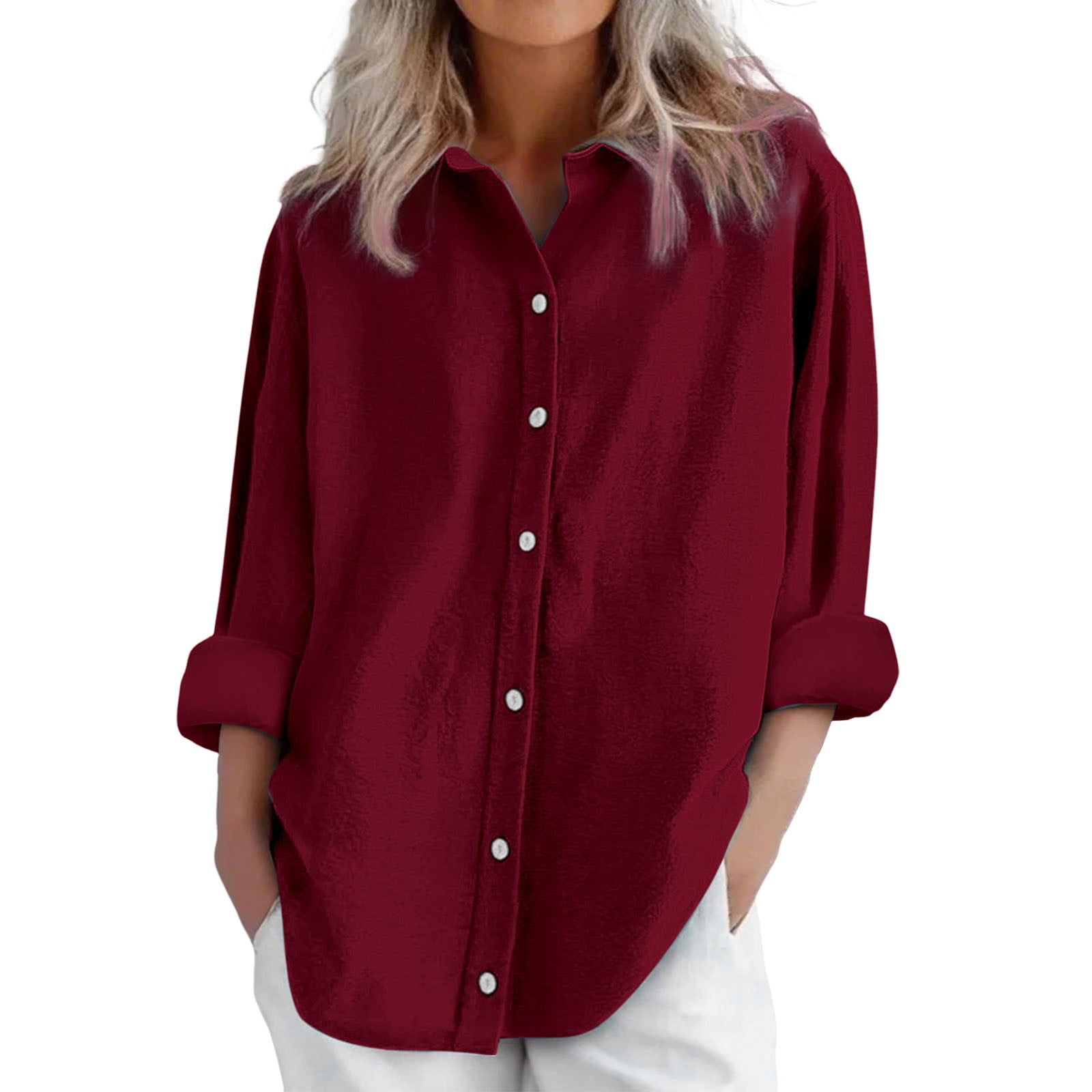 Womens Tops Daily Casual Linen Long Sleeve Collared V Neck Loose Fit ...