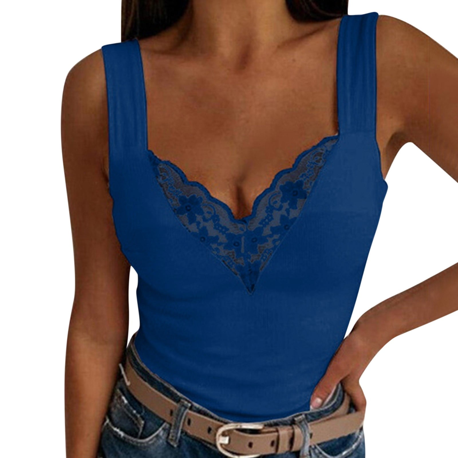Womens Tops Deep V Neck Sleeveless Lace Embroidery Summer Casual Loose Tank Tops