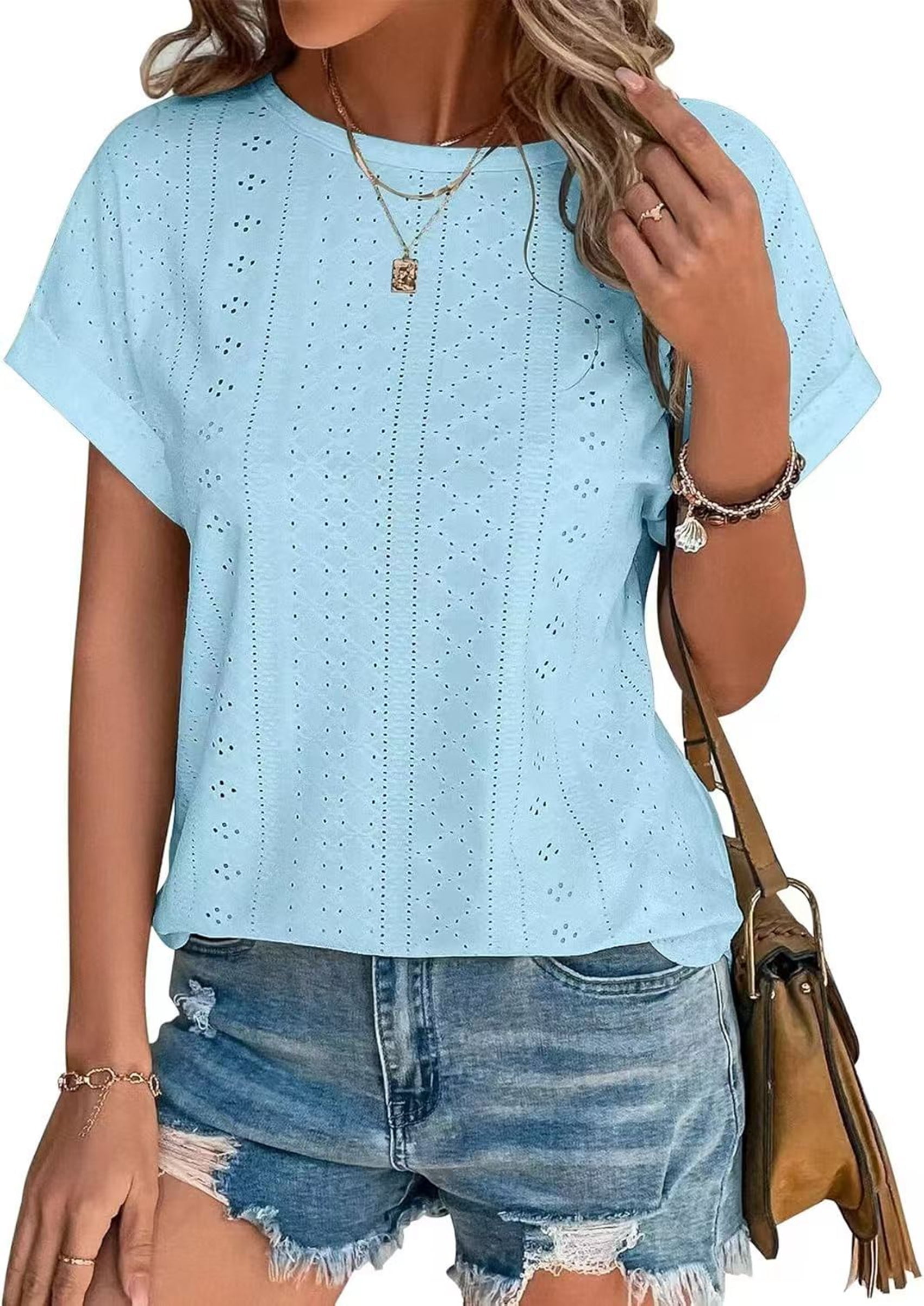 Womens Tops Eyelet Embroidery Summer Spring Curved Hem 2025 Casual ...
