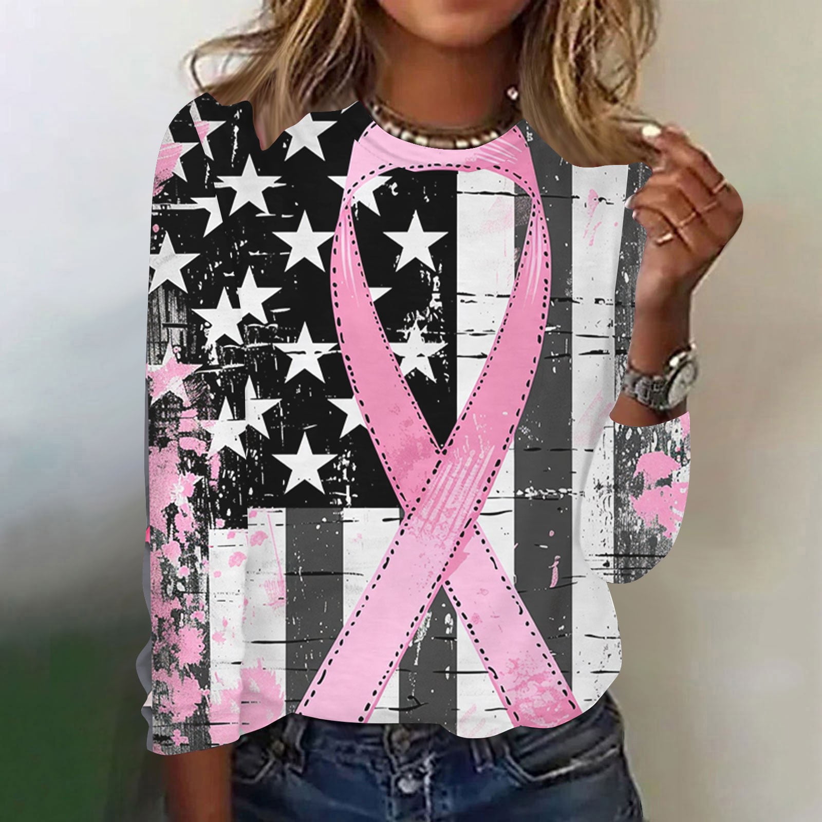 Womens Tops Fall Breast Cancer Long Sleeve T-Shirt Printing Round Neck ...