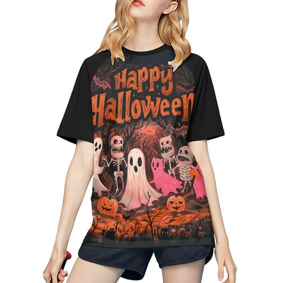 Womens Tops - Halloween Happy Cute Ghost Round Neck Casual Color Block ...