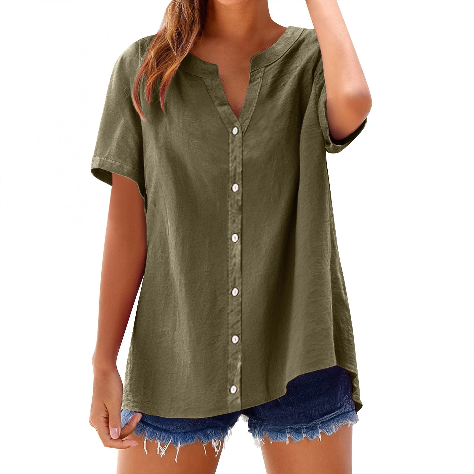 Womens Tops Loose Button Shirt Top Stand Solid Color Long Sleeve Collar ...