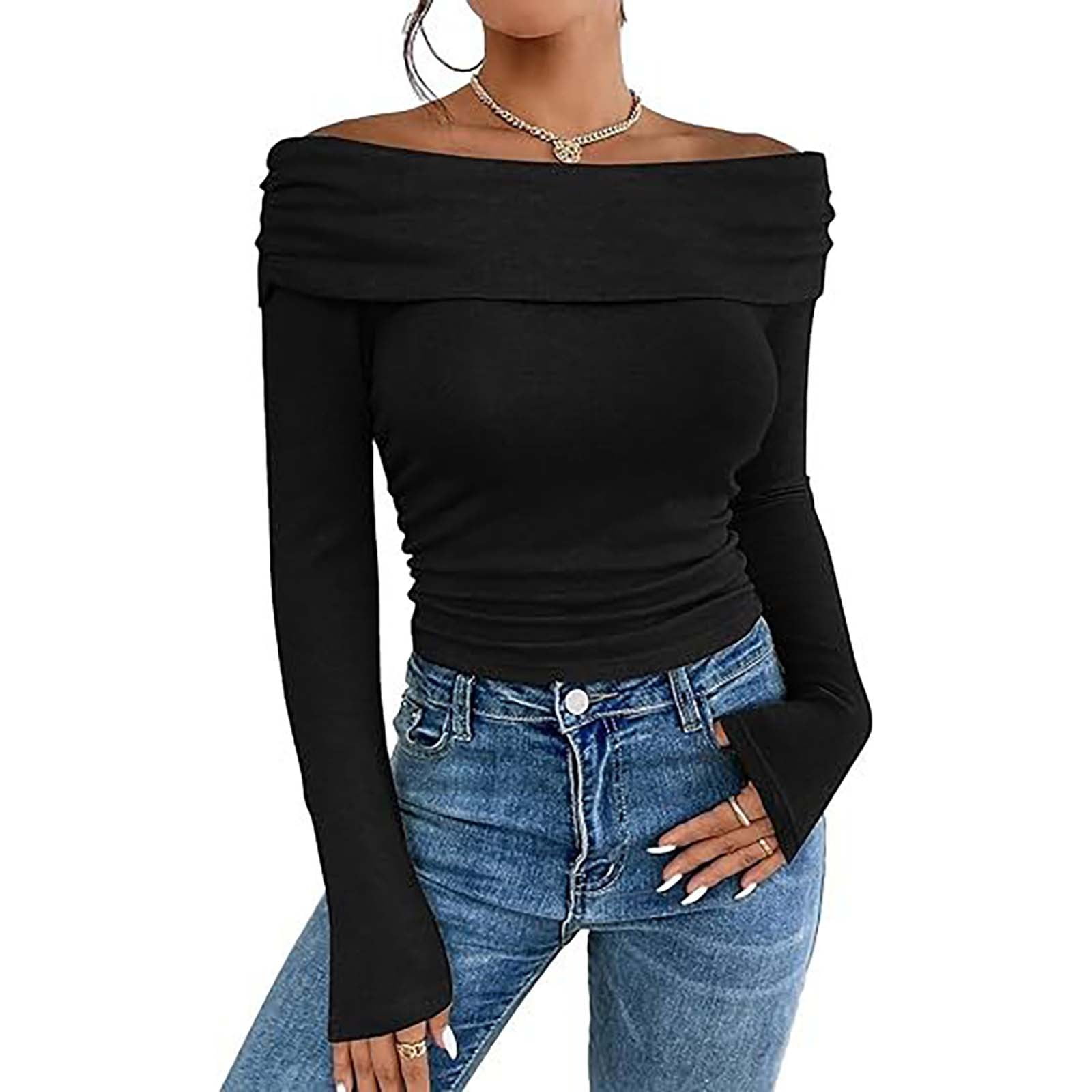 Womens Tops One Off Shoulder Long Sleeve Top Ruched Going Out Tops Slim ...