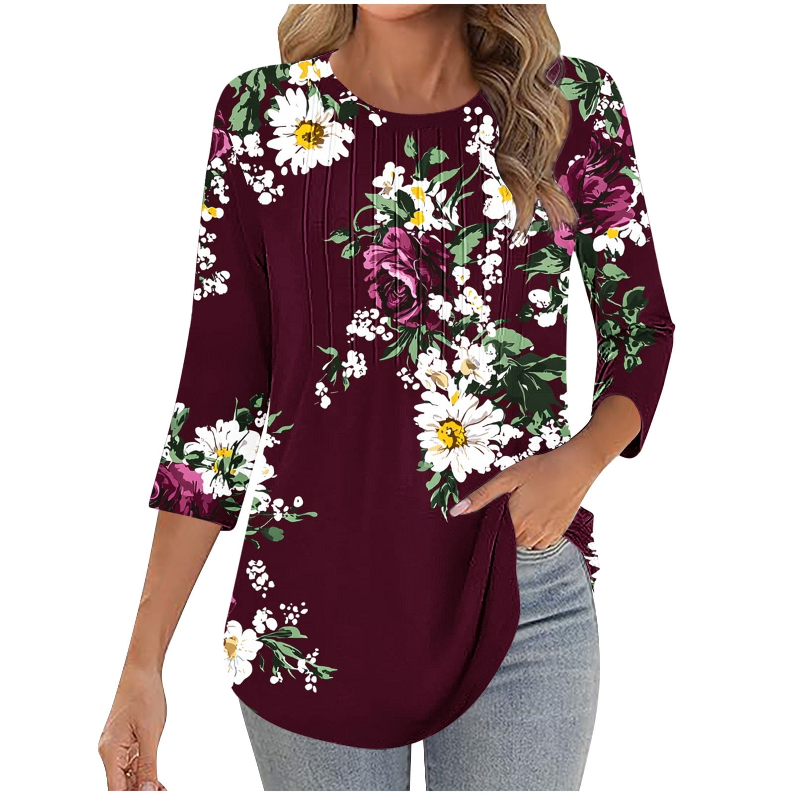 Womens Tops Plus Size 3/4 Length Sleeve Crewneck Loose Shirts Pleated ...