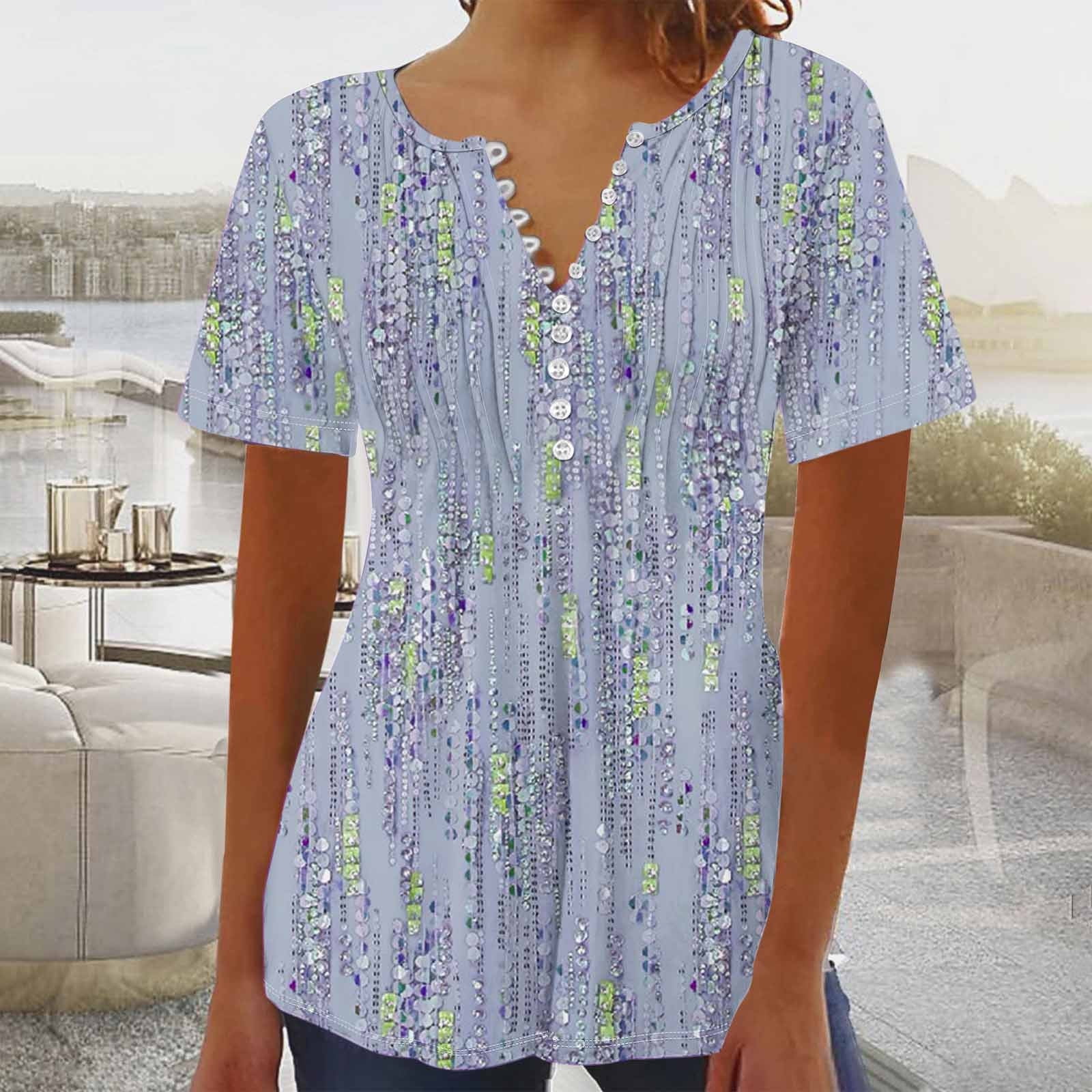 Womens Tops Plus Size 3/4 Sleeves Round Neck Casual Printed T Shirts ...