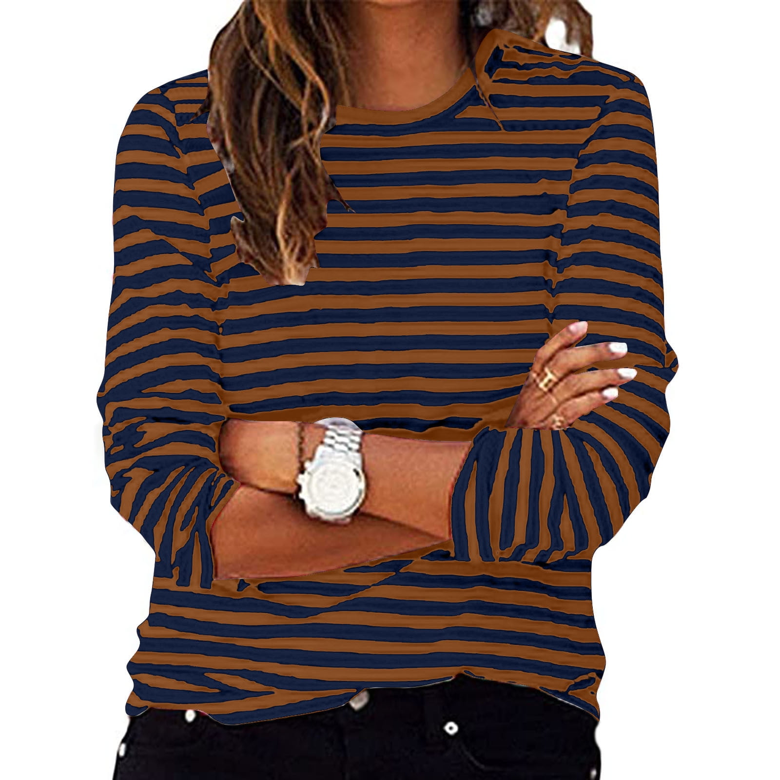 Womens Tops Plus Size Casual Striped Long Sleeve Tops Crew Neck Basic T ...