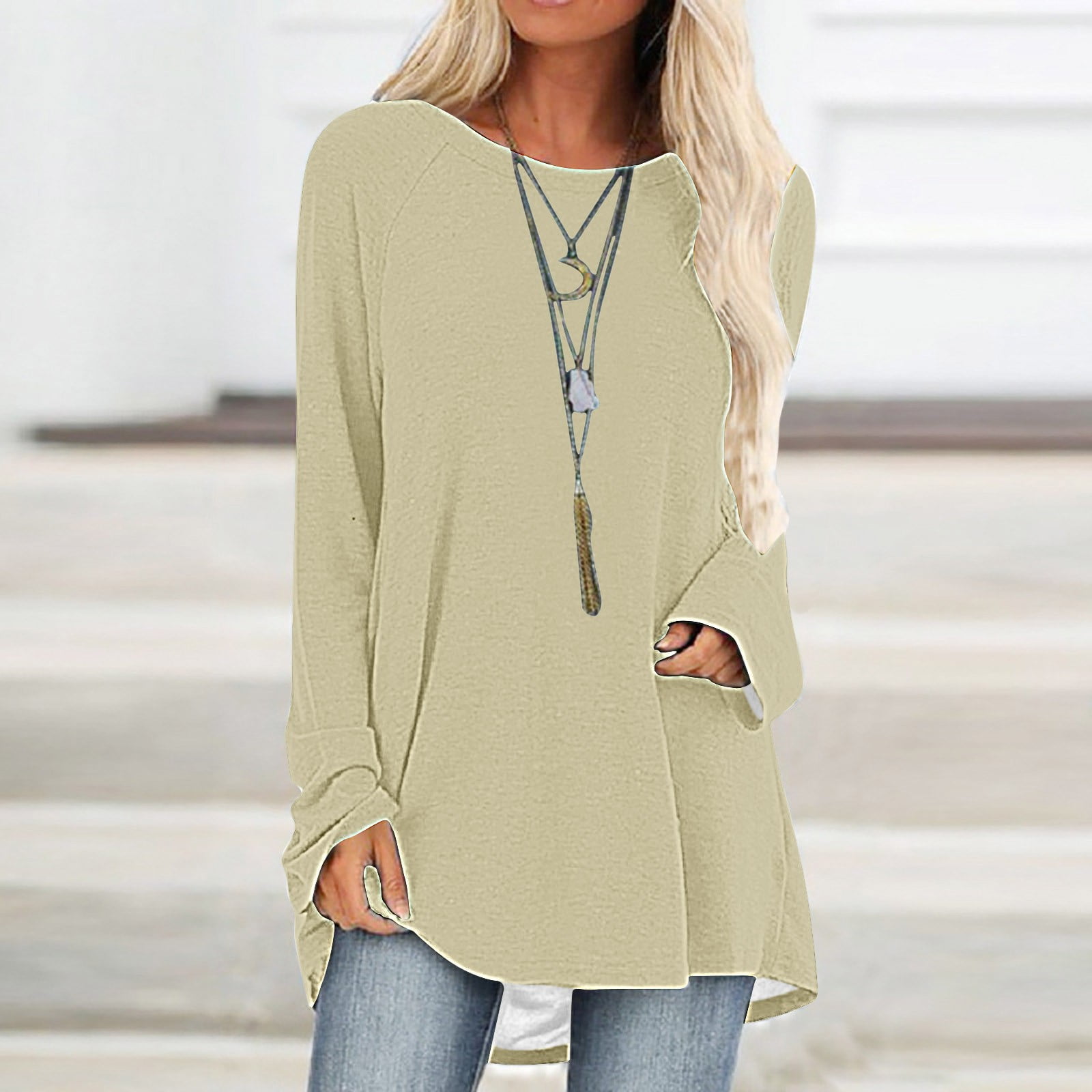 Womens Tops Plus Size Long Sleeves Round Neck Solid Casual T-shirt ...