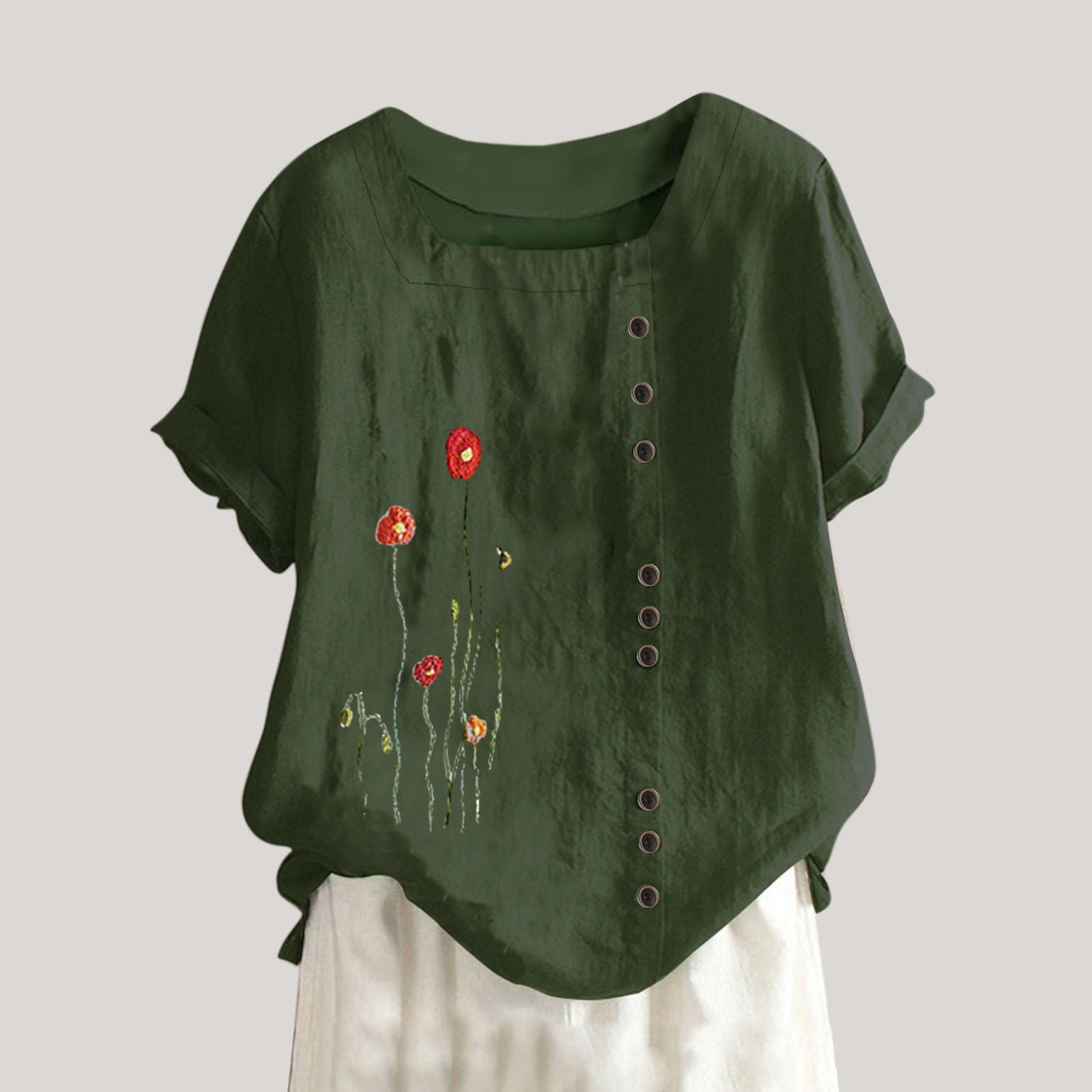 Womens Tops Plus Size Short Sleeve Flower Printing Loose Summer Casual ...