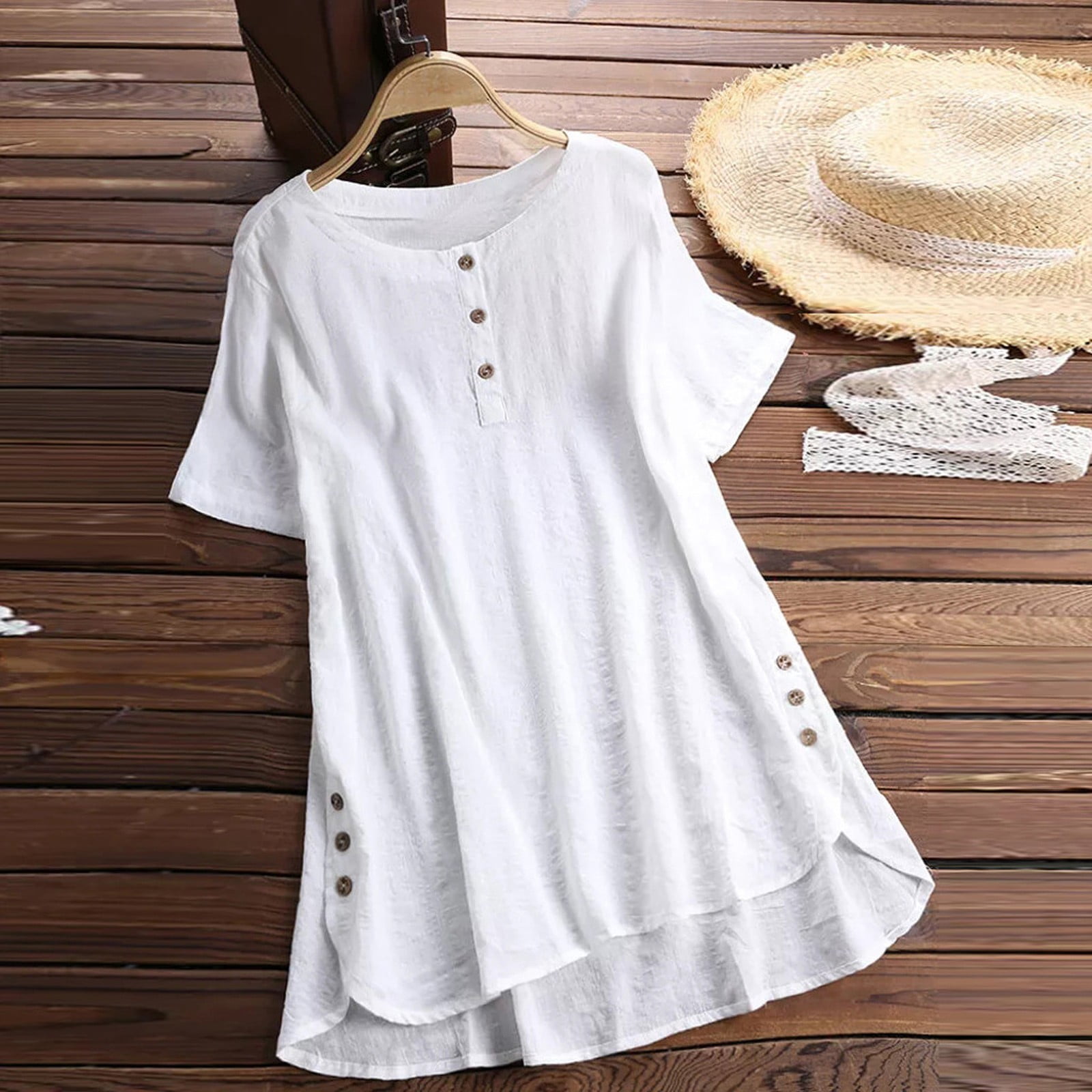 Womens Tops Short Sleeve Kaftan Baggy Button Cotton Solid Casual Tunic ...