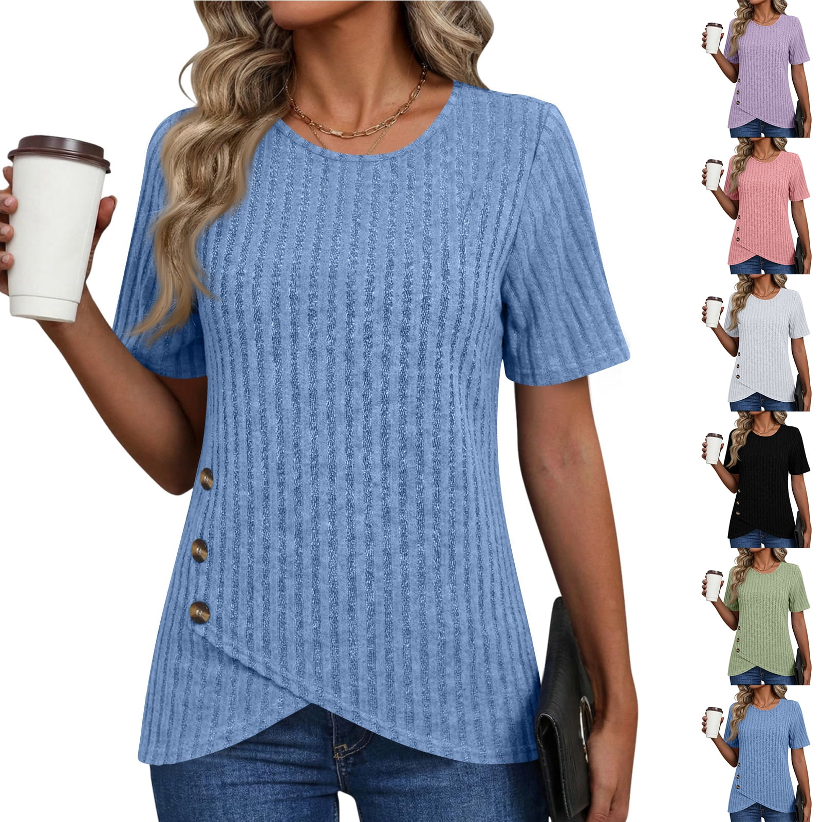 Womens Tops Short Sleeve Shirts Crew Neck Tunic with Buttons Spring ...