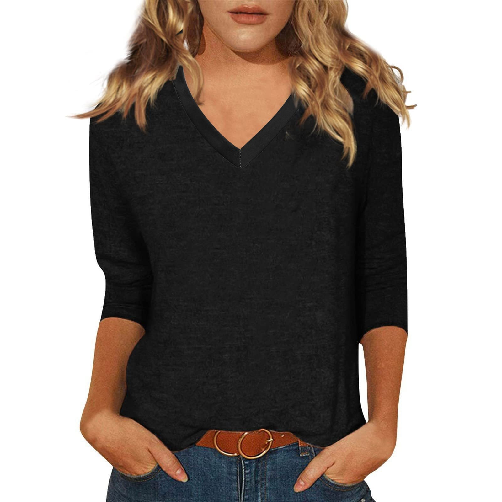 Womens Tops Short Sleeve Tops 3/4 Sleeve Summer Solid Plain Travel Cute ...