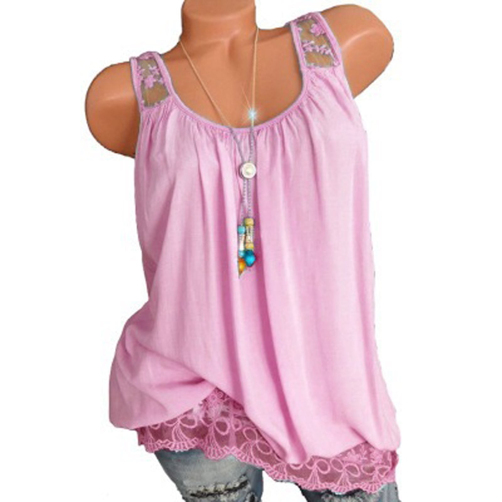 Womens Tops Summer 2022 Sleeveless Casual Solid Color O-Neck Lace Hem T ...