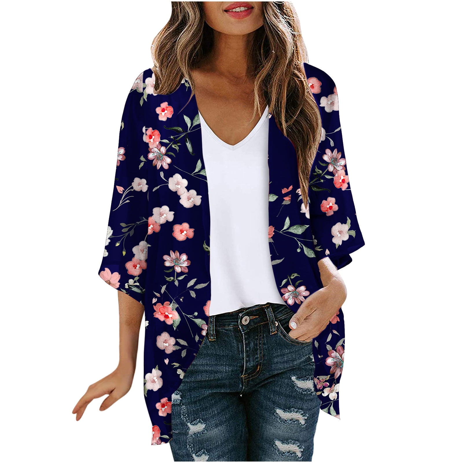Womens Tops Summer Lightweight Cover ups 3/4 Sleeve Cardigan Open Front ...