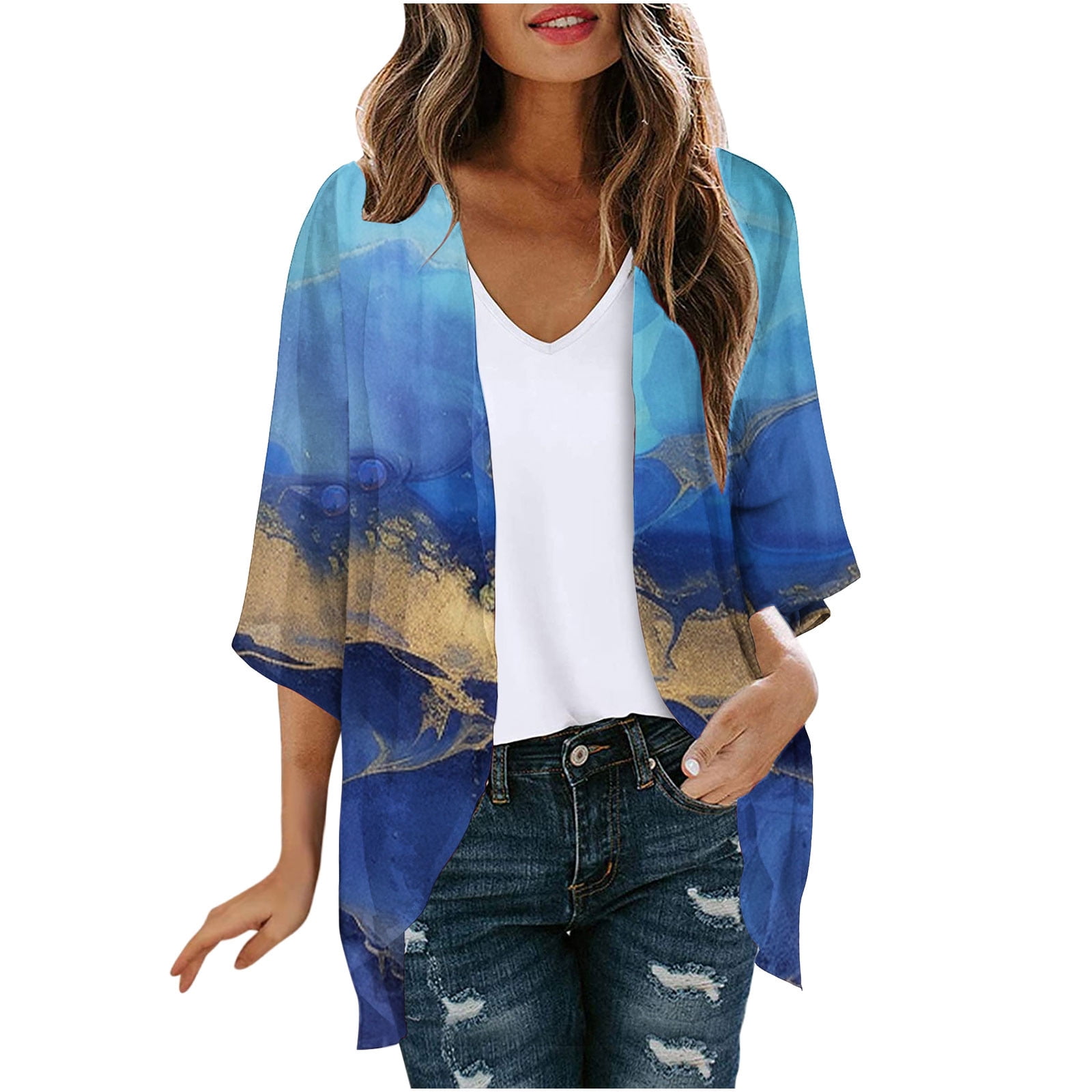 Womens Tops Summer Lightweight Cover ups 3/4 Sleeve Cardigan Open Front ...