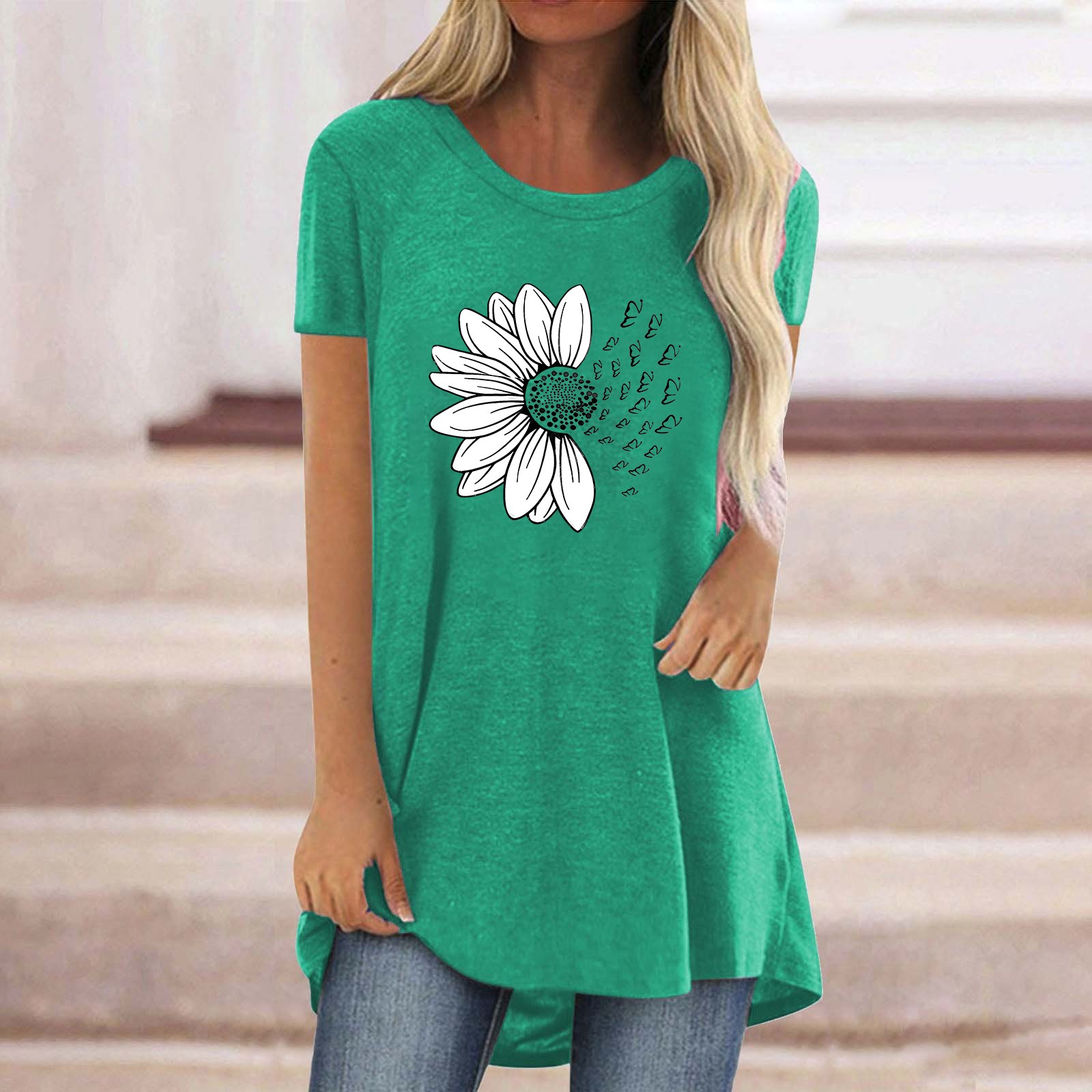 Womens Tops Women's Long Printed Spring/Summer Round Neck T Shirt ...