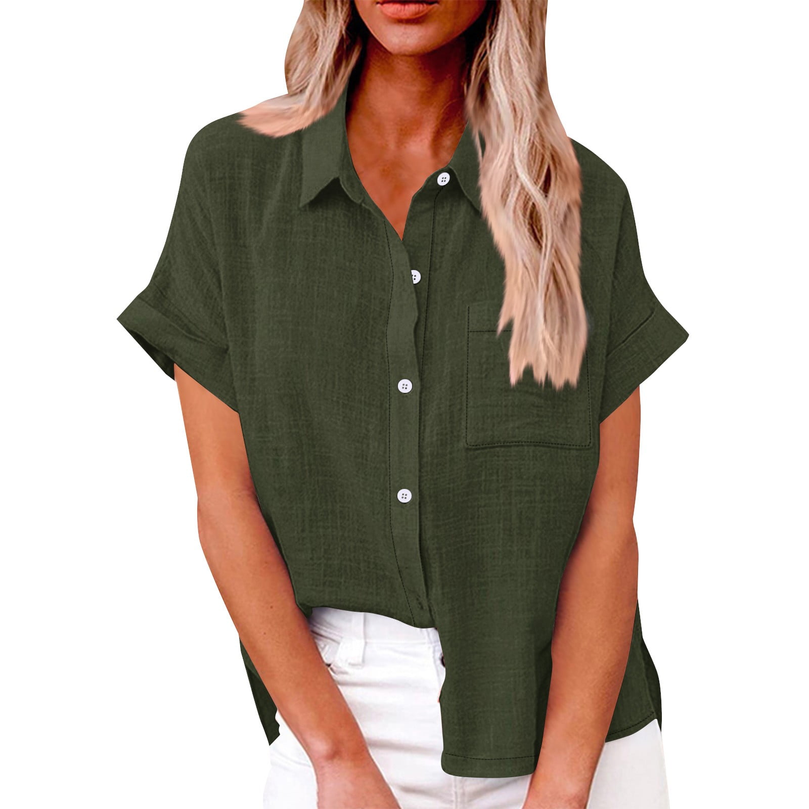 Womens Tops Women's Loose Casual Short Sleeve Lapel Button with Pocket ...