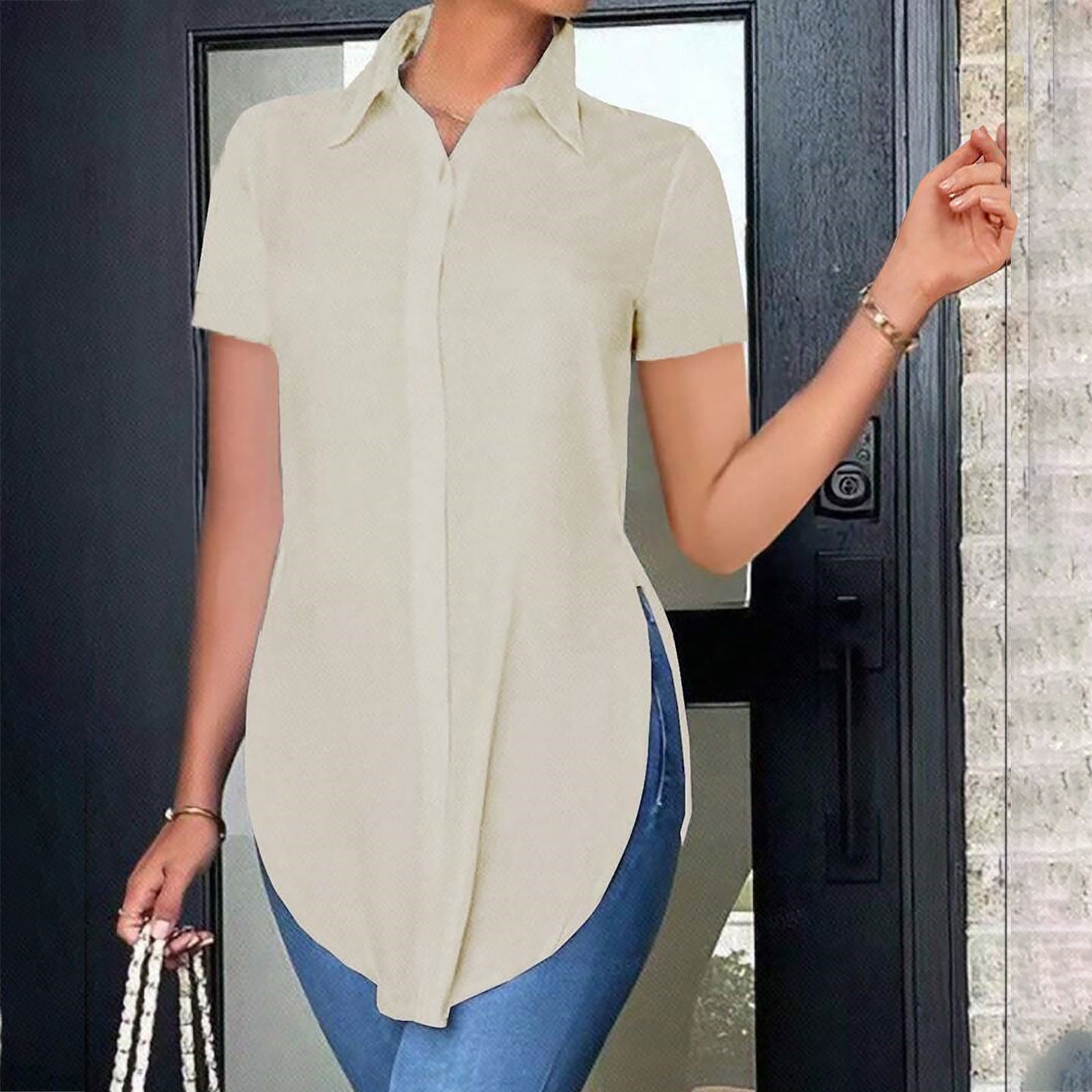 Womens Tops Women's Solid Color Tops Casual Short Sleeve Slim Button ...