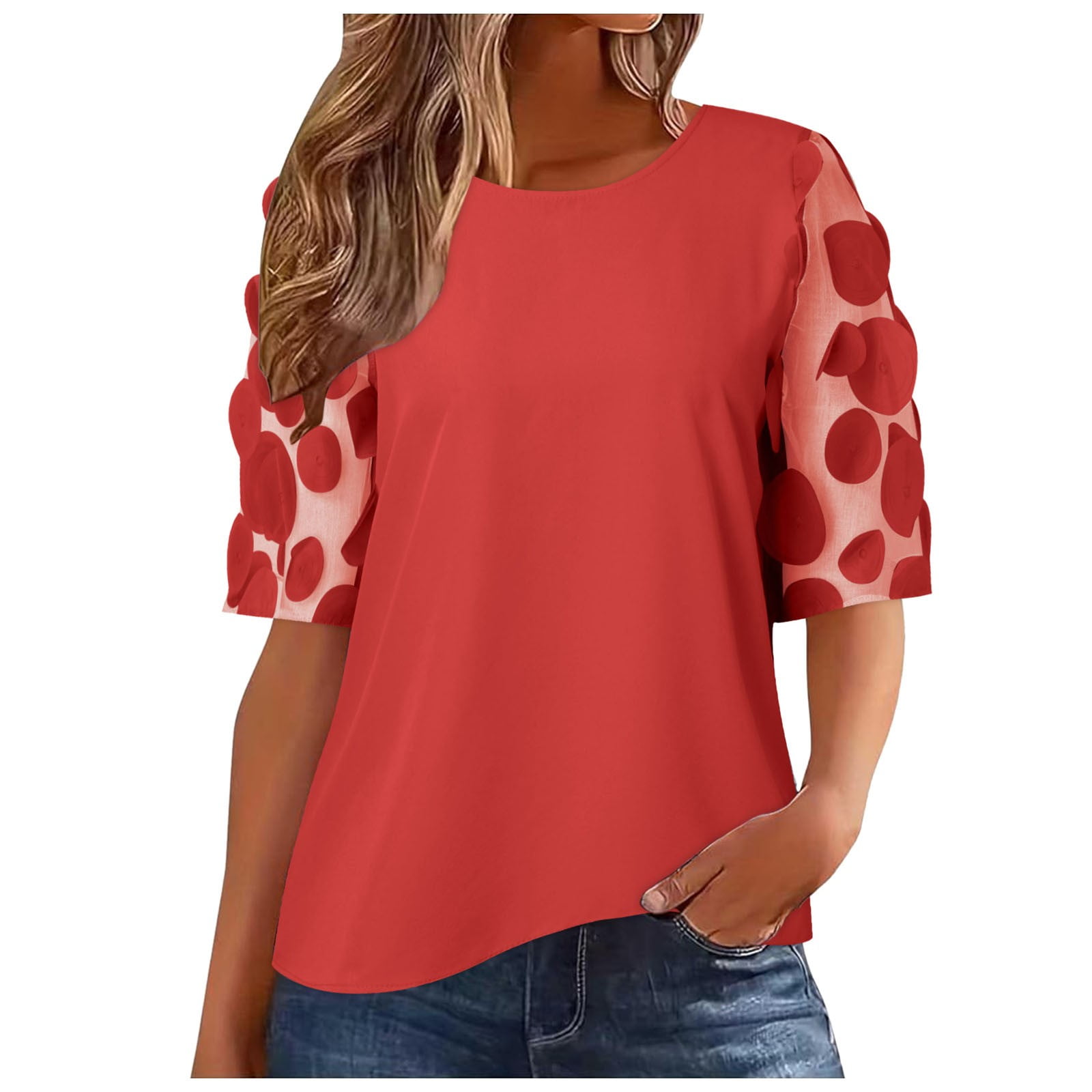 Womens Tops Workout Shirts Solid Color Lightweight Daily Lace Sleeve ...