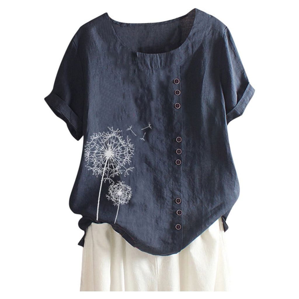 Womens Tops for $5 Womens Casual Loose Button Linen Plus Size Print ...