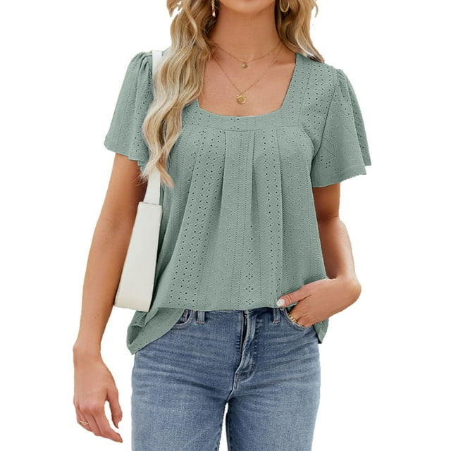 Womens Tops for Summer Ruffle Sleeve Tunic Blouse Pleated Flowy Dressy ...