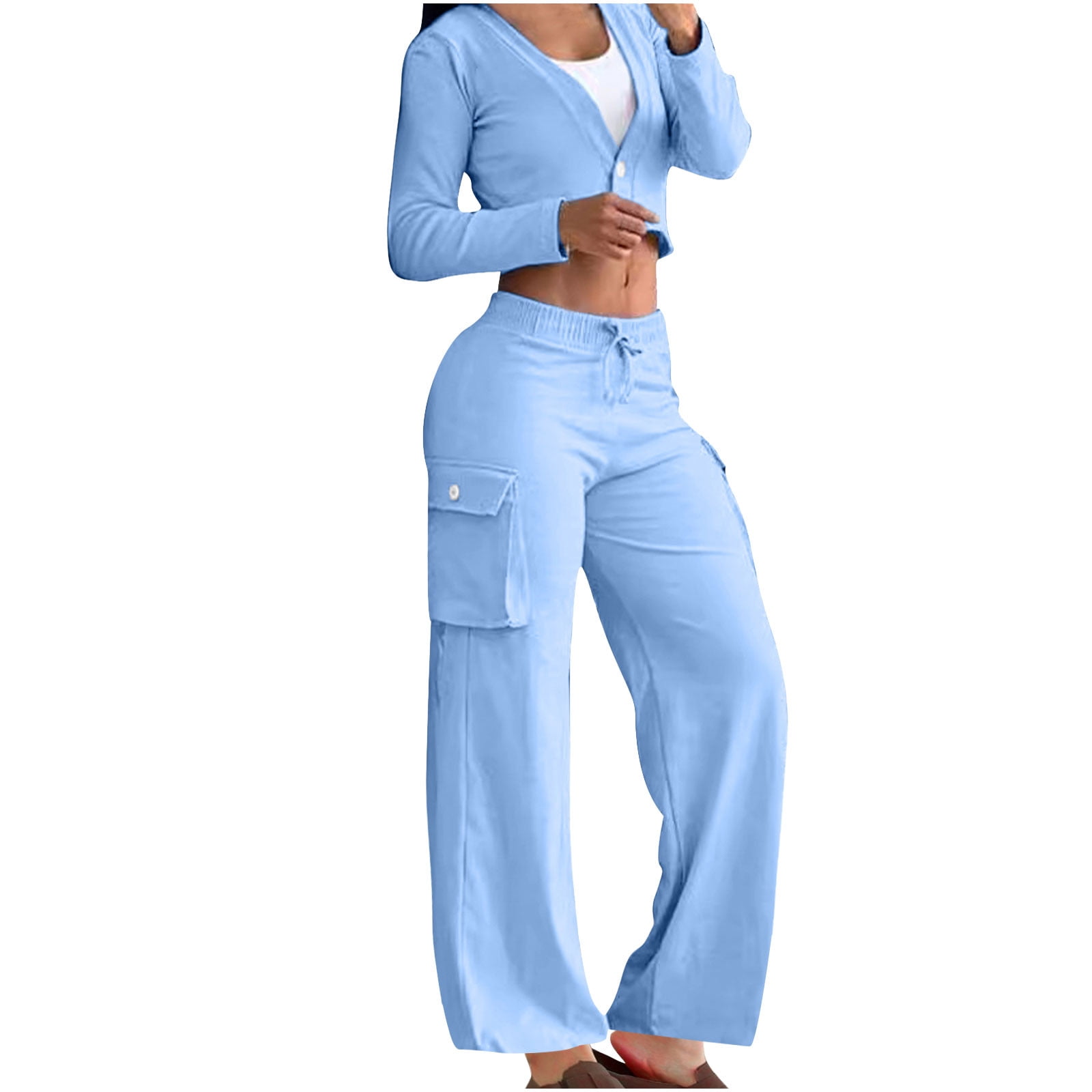 Womens Tracksuit Sets Sexy Cropped Zip Up Jacket Matching Wide Leg ...