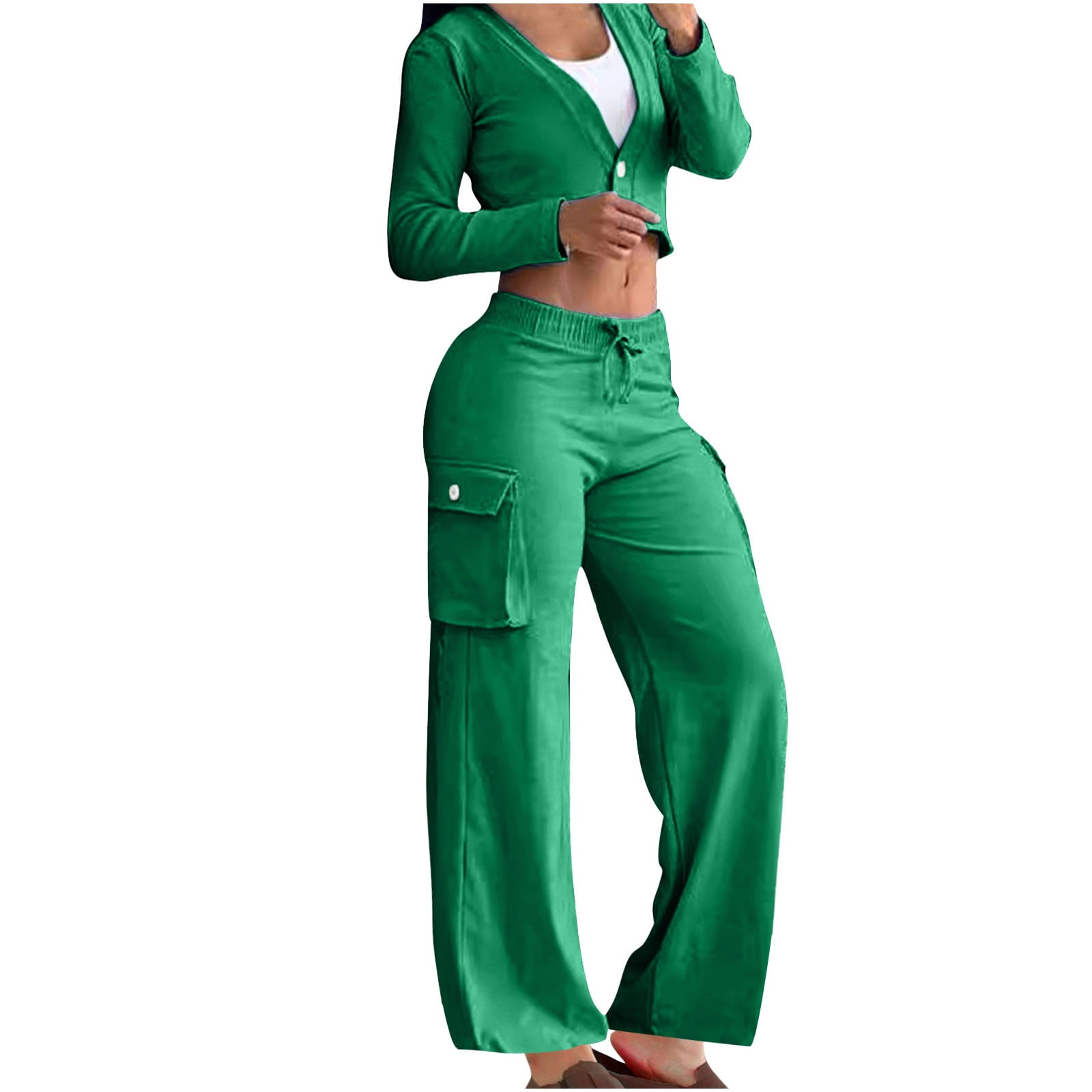 Womens Tracksuit Sets Sexy Cropped Zip Up Jacket Matching Wide Leg ...