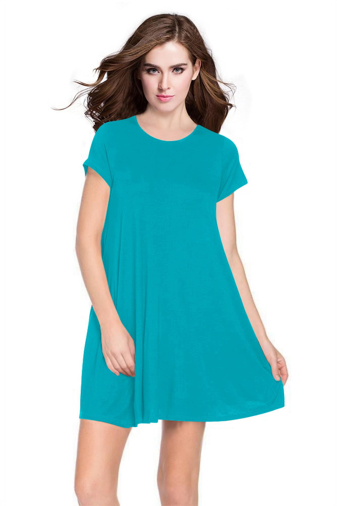 Womens Trapeze Short Sleeve Loose Tunic Pocket Dress, Small, Turquise ...