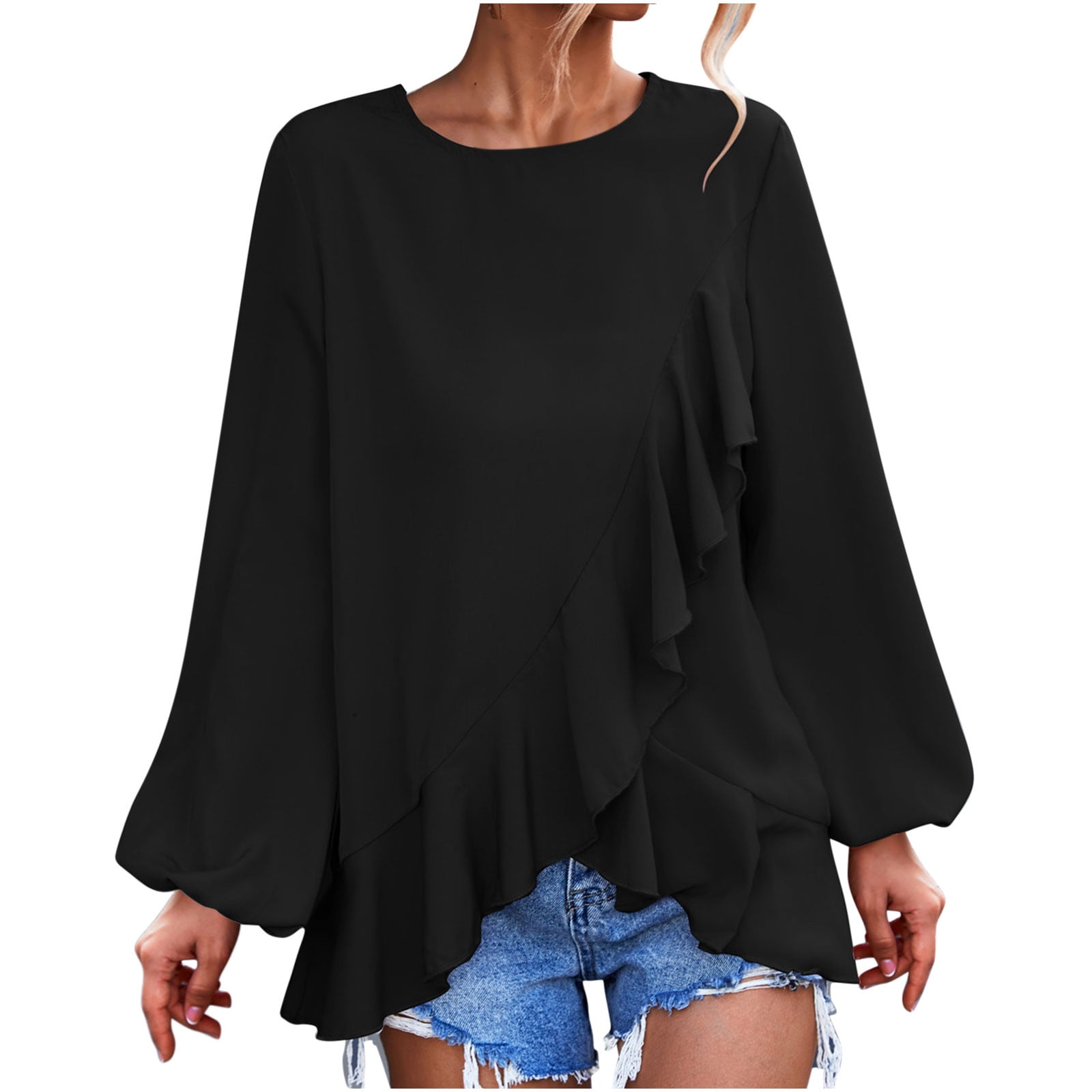 Womens Trendy Fall Spring Tunic Tops Crewneck Ruffle Lantern Sleeve ...