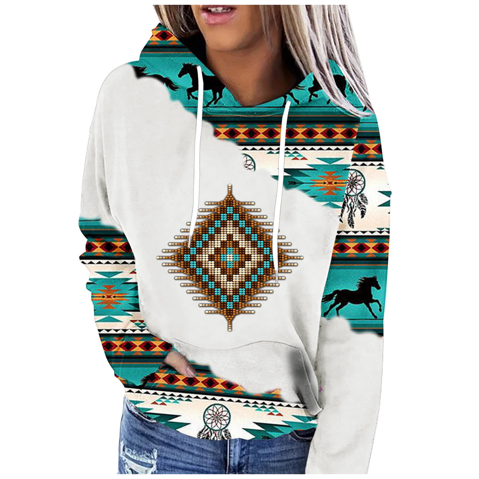 Womens Tribal Aztec Printed Hoodie Baggy Comfy Kangaroo Pocket Western