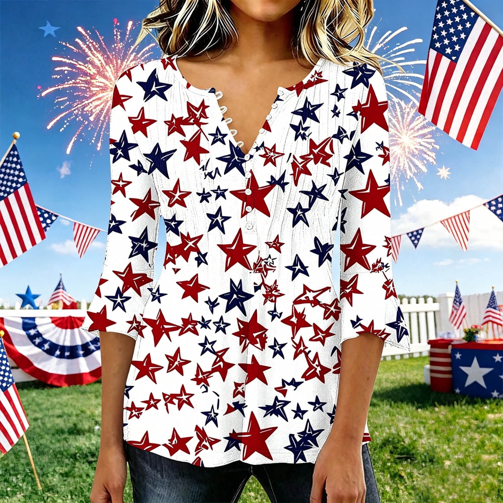 Womens Tshirt Elbow Length Sleeve V Neck Patriotic Print Breathable Tee ...