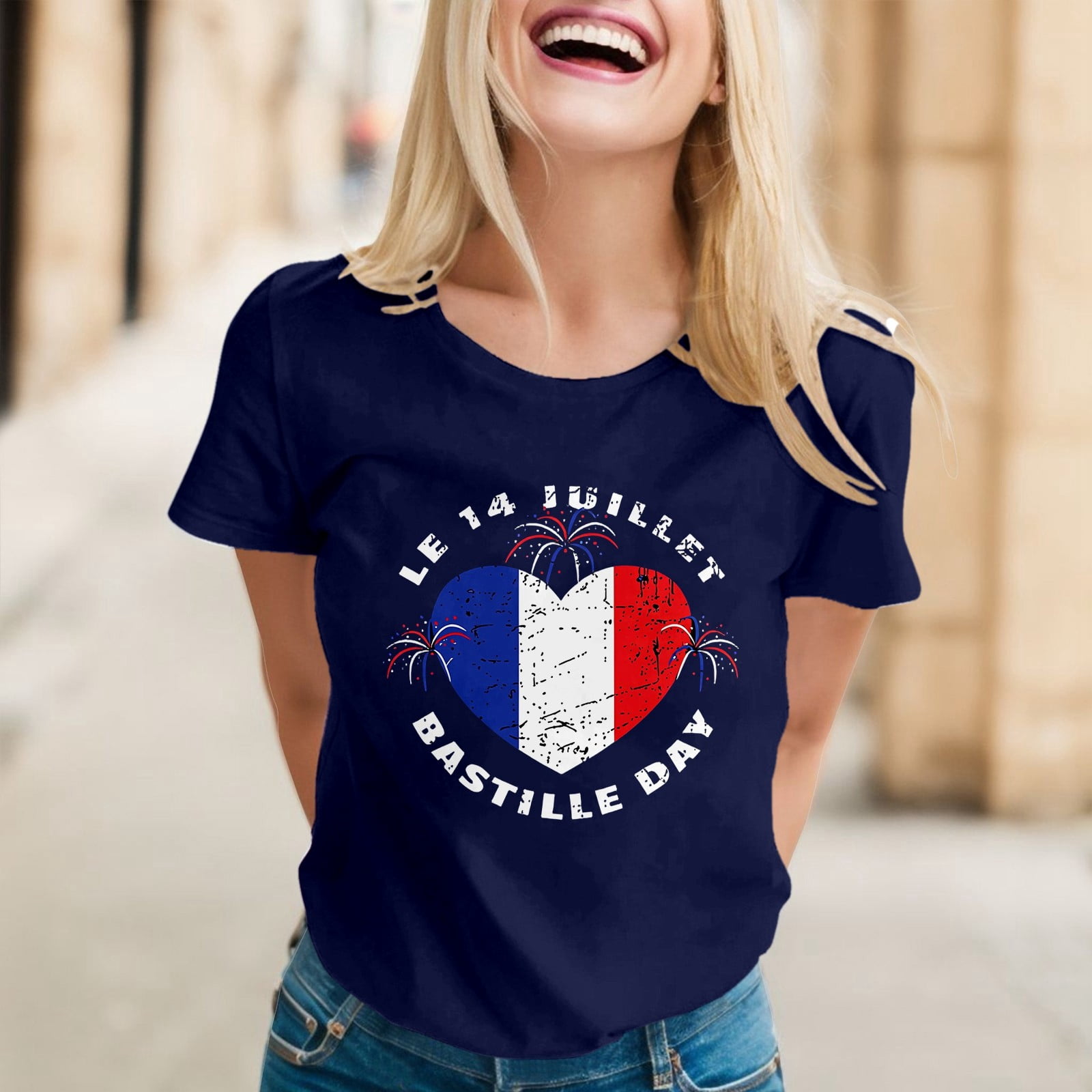Womens Tshirt France Flag Print Short Sleeve Crewneck Memorial Top ...