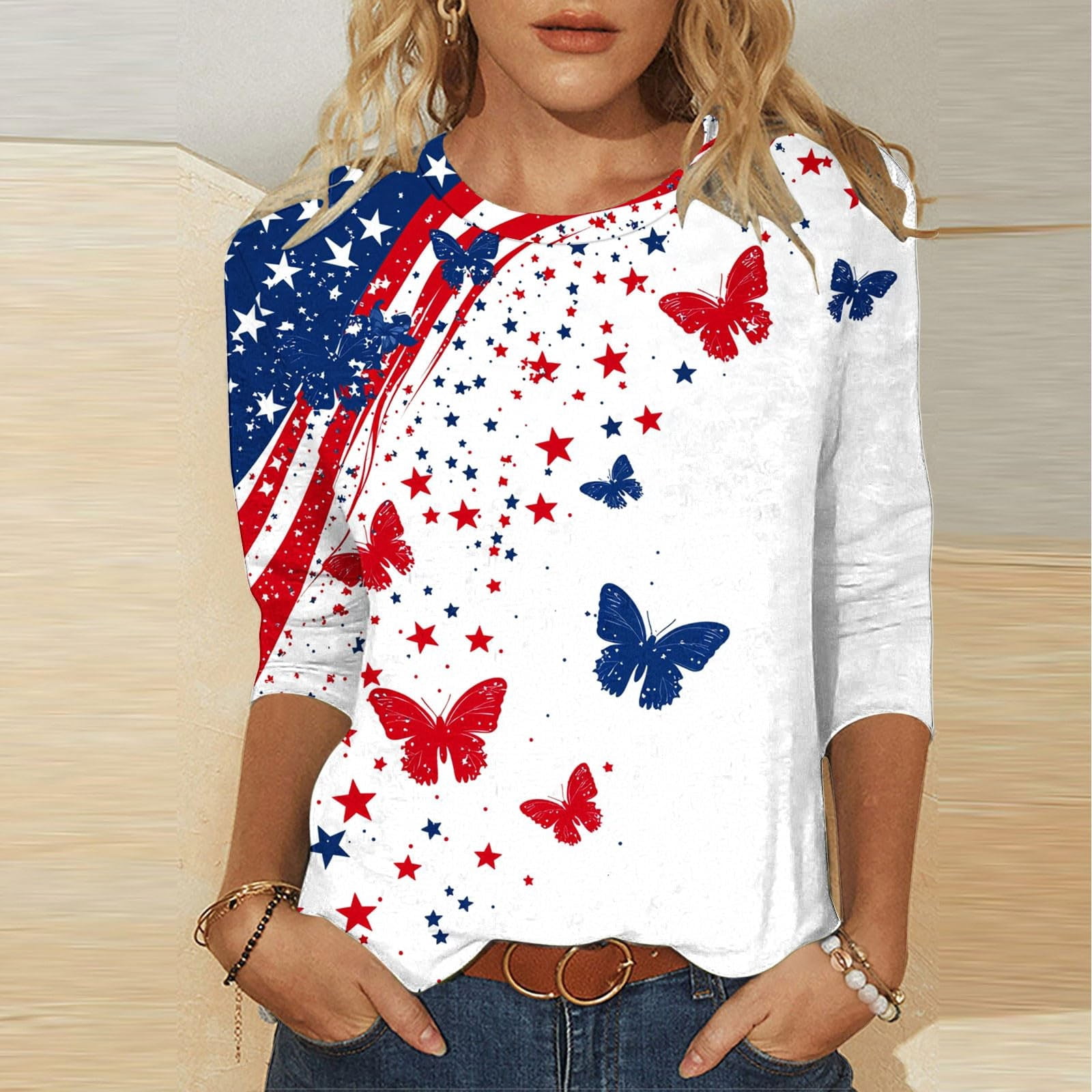 Womens Tshirts Round Neck 3/4 Sleeve Patriotic Graphic Tee Trendy ...